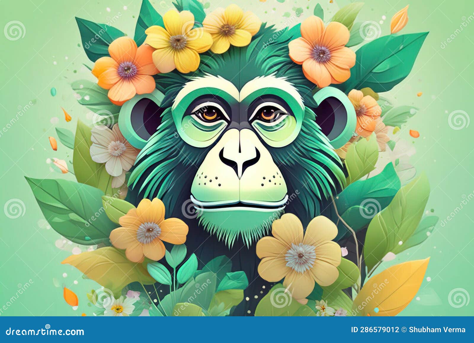 Vector Floral Background with Monkey and Flowers. Stock Illustration ...