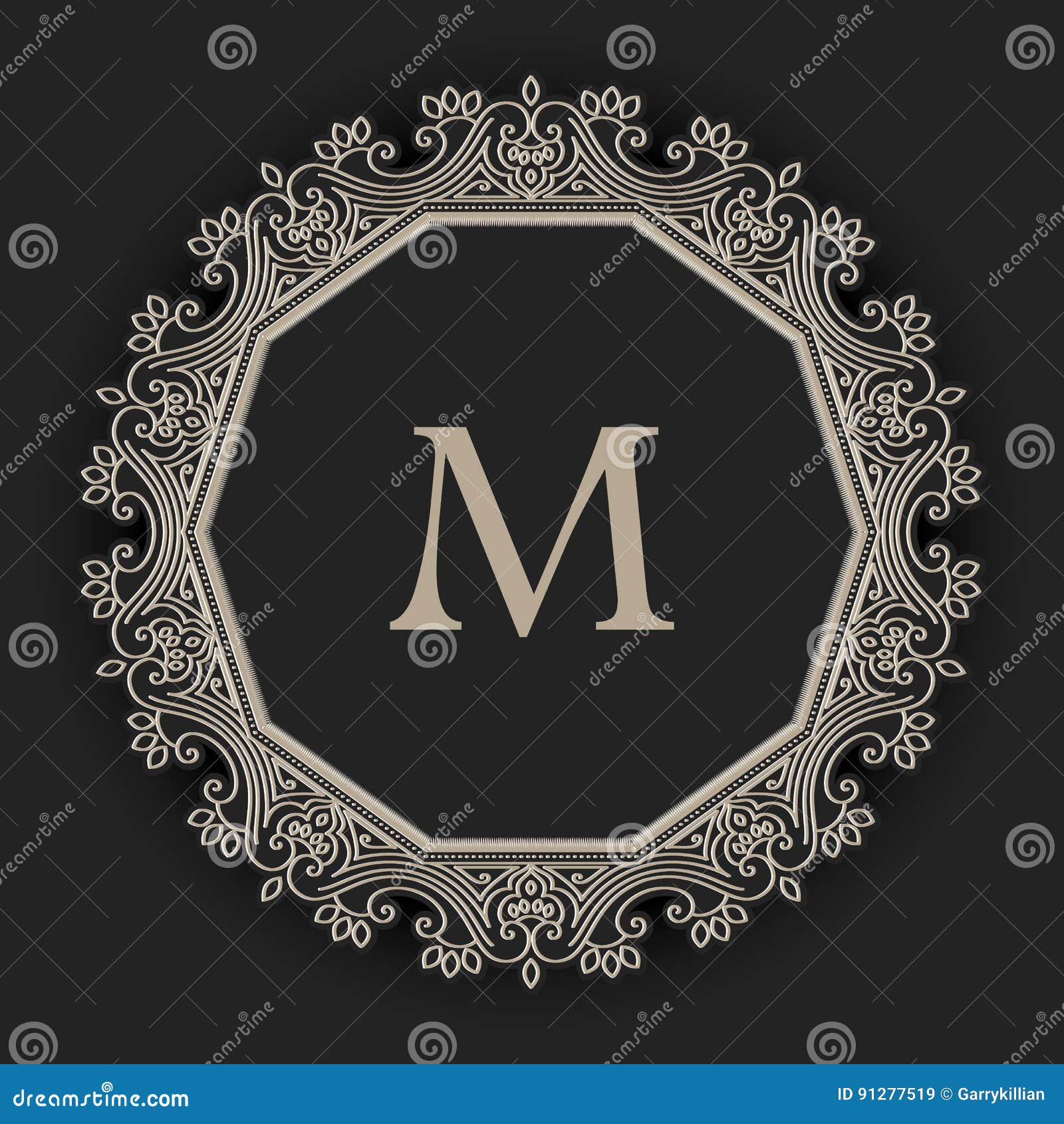 Vector Floral and Geometric Monogram Frame on Dark Gray Background ...