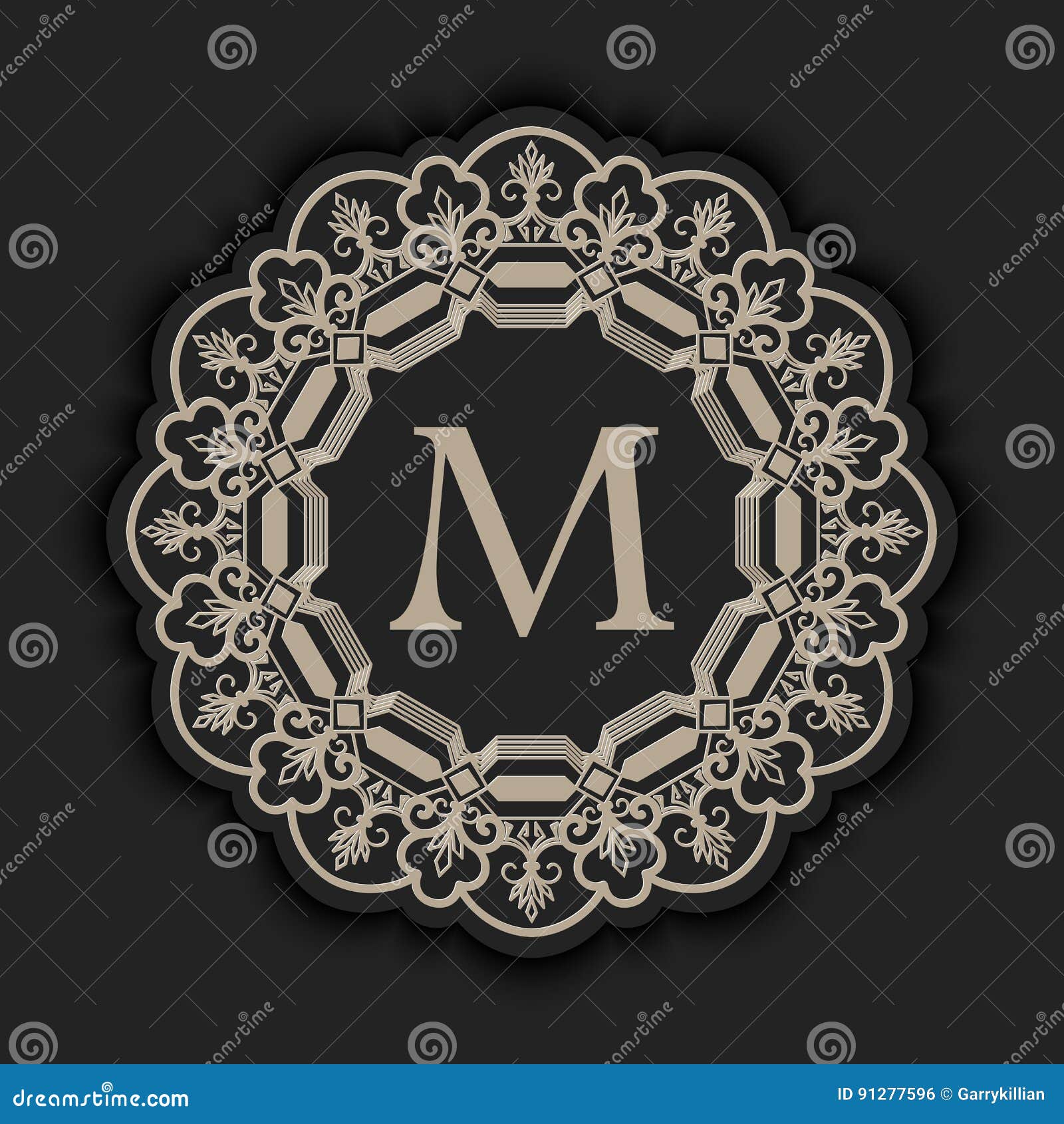 Vector Floral and Geometric Monogram Frame on Dark Gray Background ...