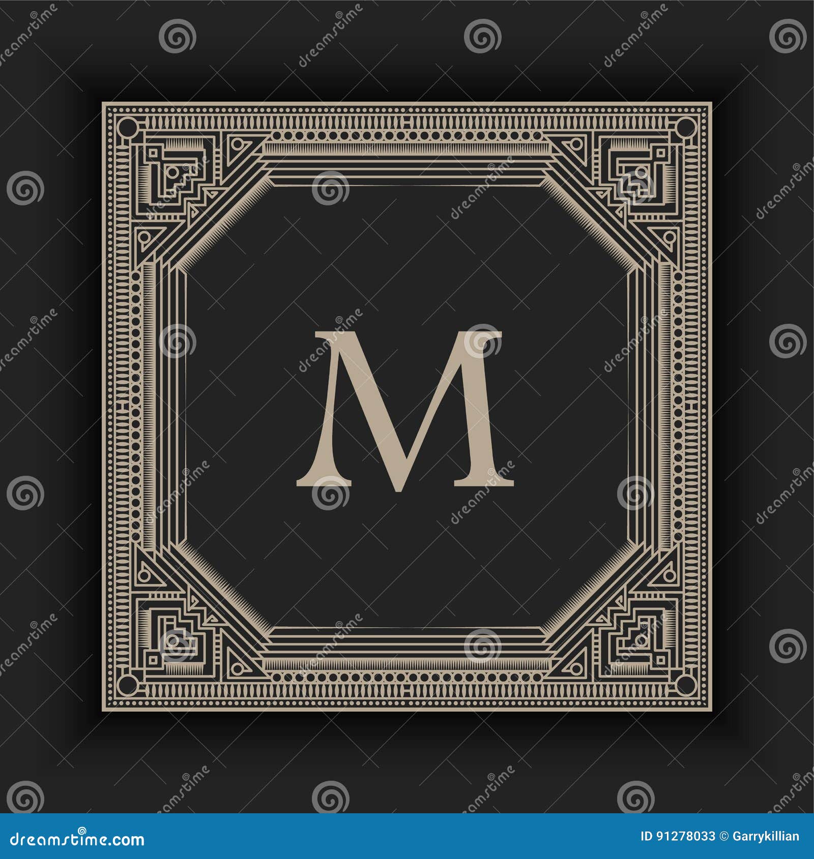 Vector Floral and Geometric Monogram Frame on Dark Gray Background ...