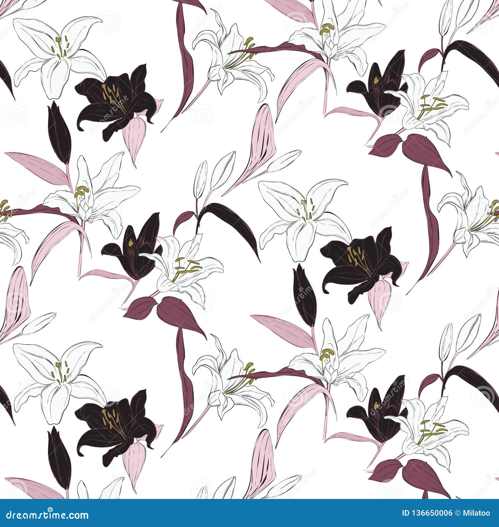 Vector Floral Lily Pattern. Spring Hand Drawn Botanical Exotic ...