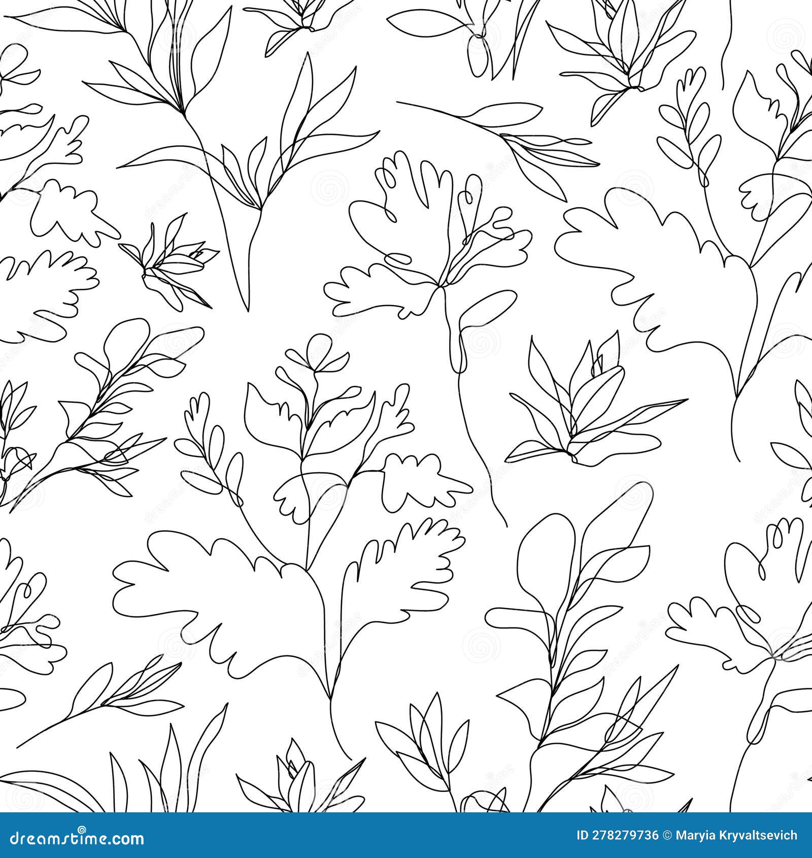 Vector Floral Linear Seamless Background, Plants and Leaves. One ...