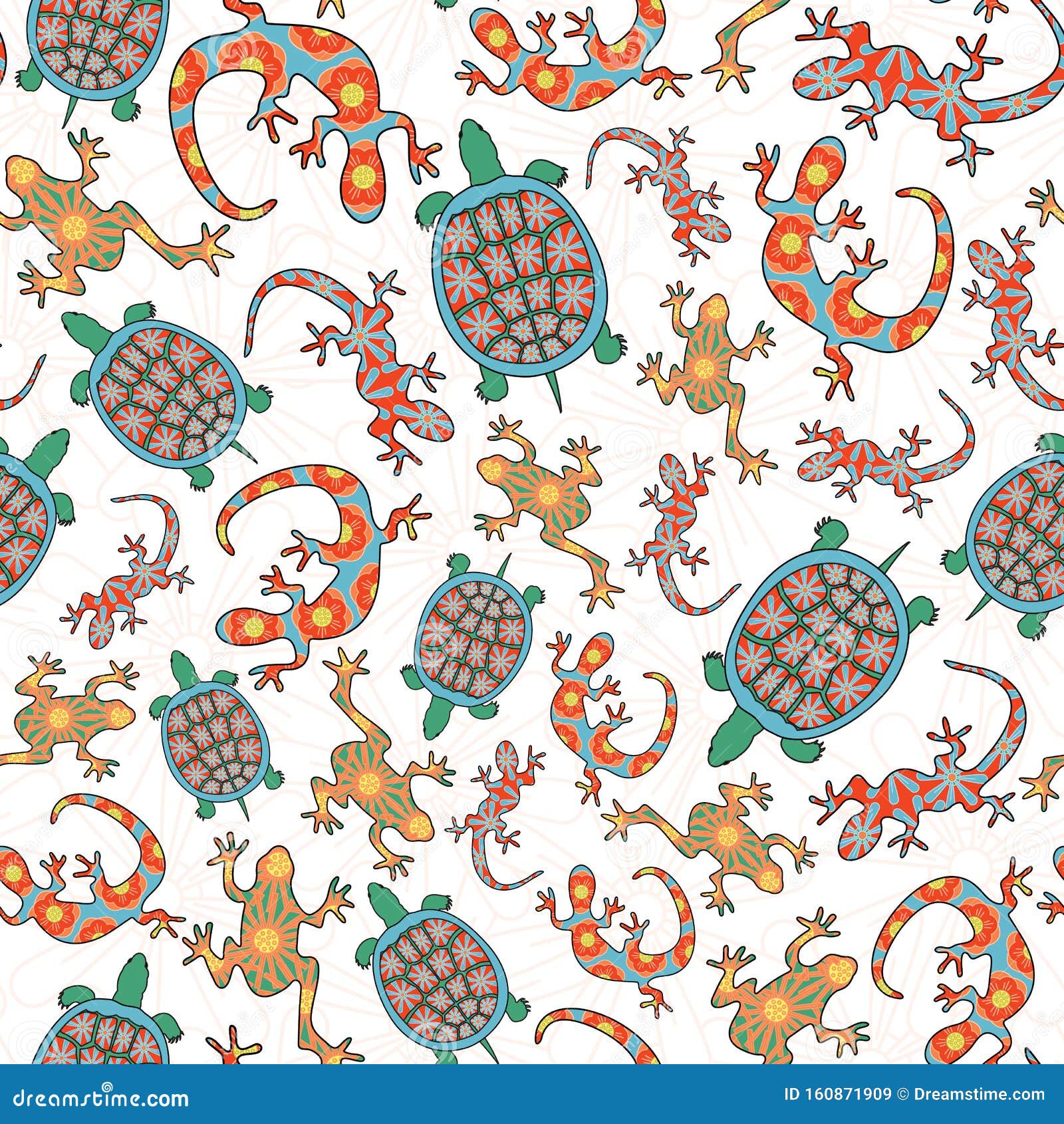 Vector Floral Lizards, Turtles, Frogs on White Background Seamless ...