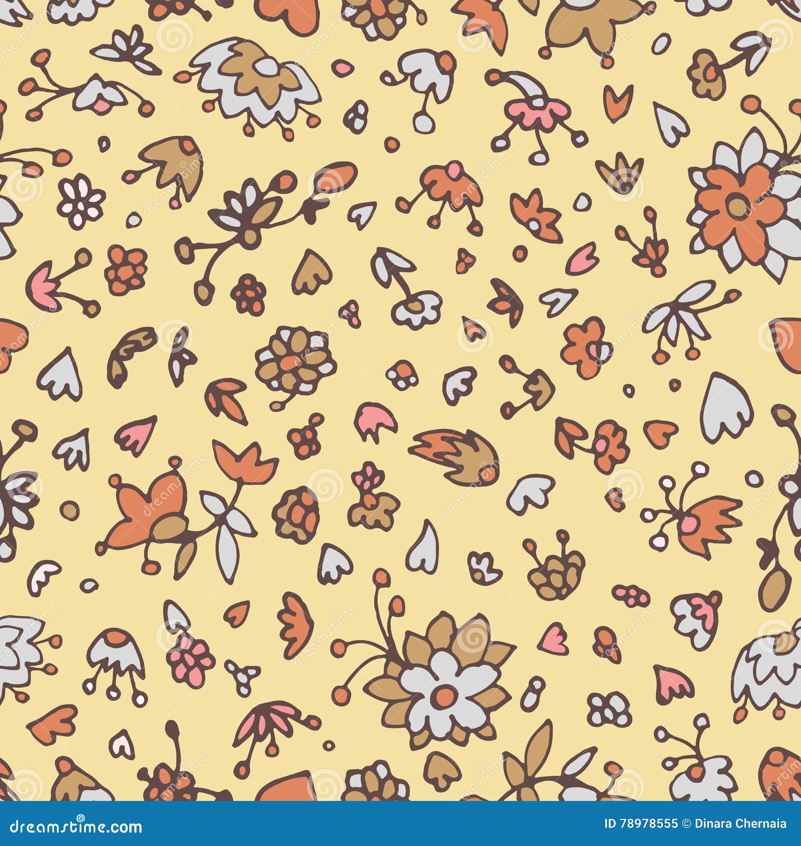 Vector Floral Pattern in Doodle Style with Flowers, Leaves, Hearts ...
