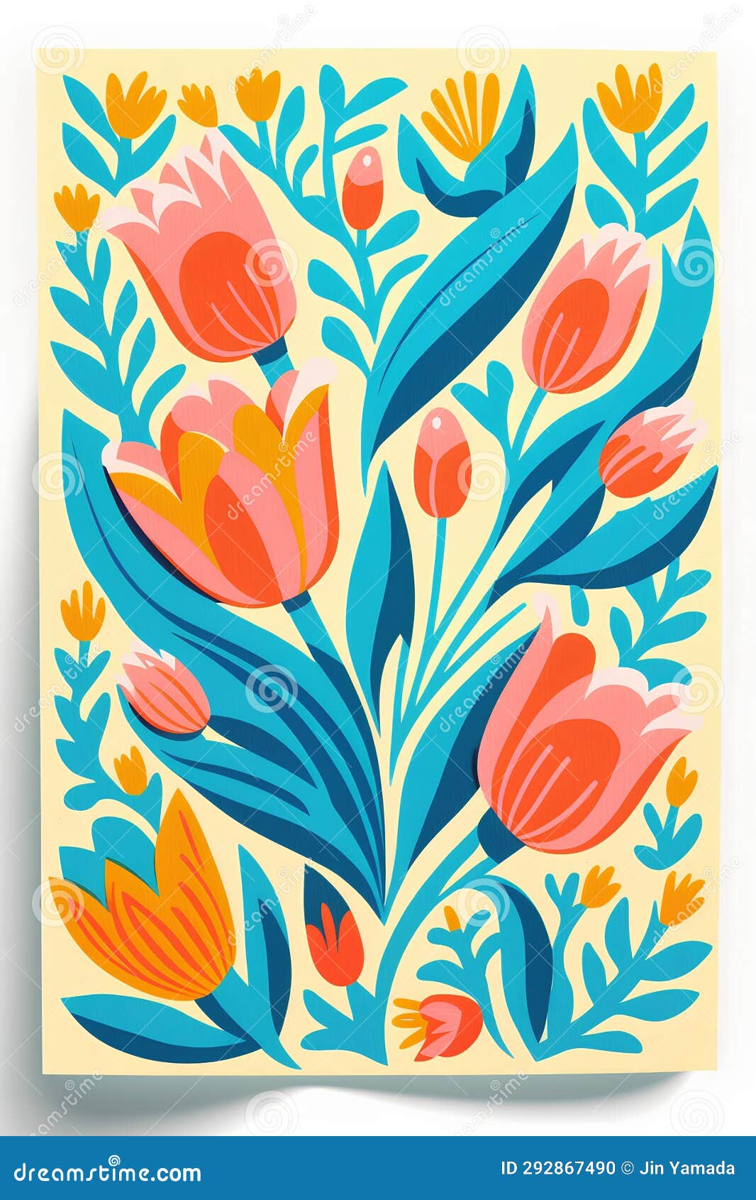 Vector Floral Pattern with Flowers and Leaves in Blue and Orange Colors ...