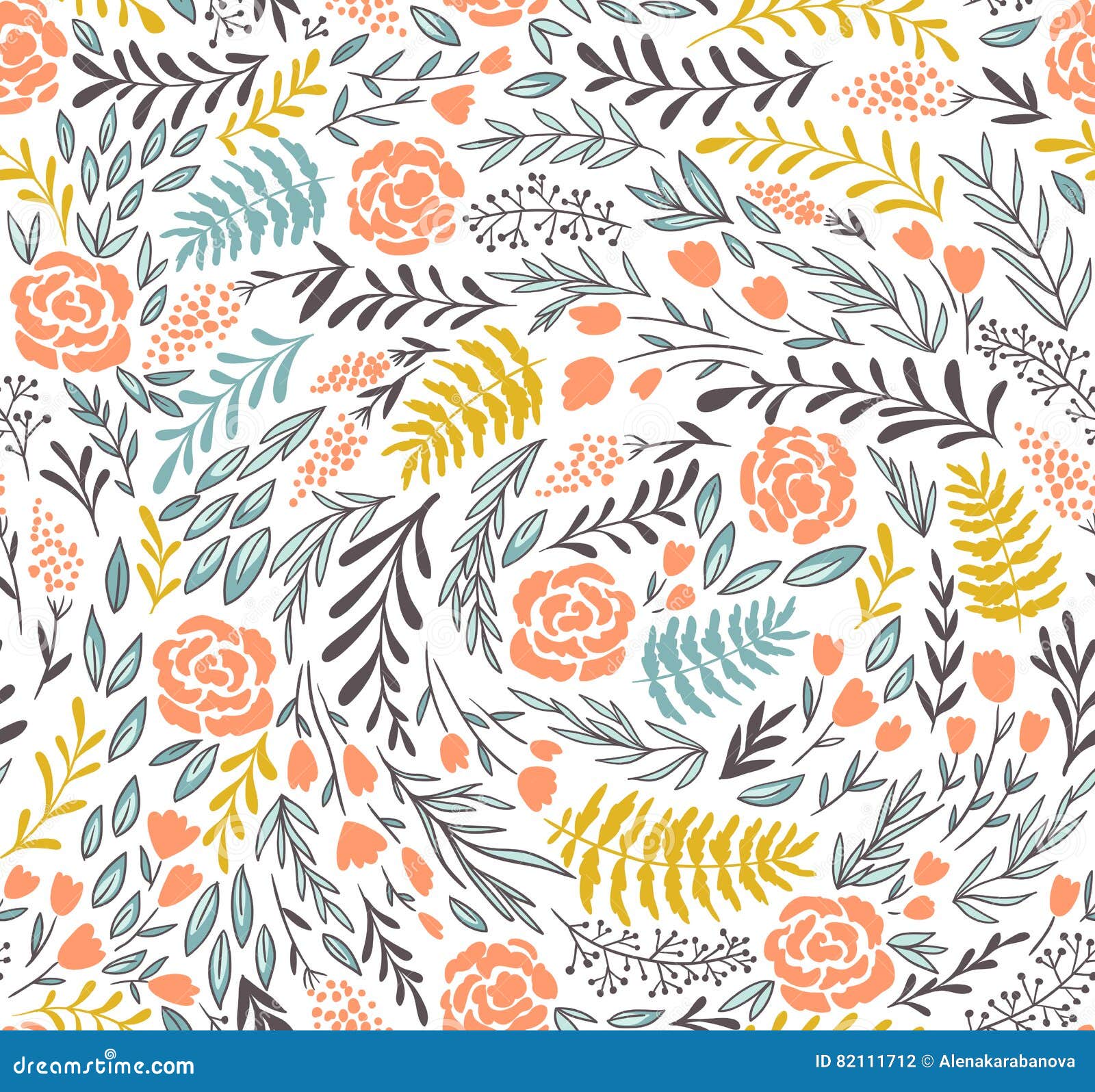 Vector Floral Seamless Pattern in Doodle Style with Flowers and Leaves ...