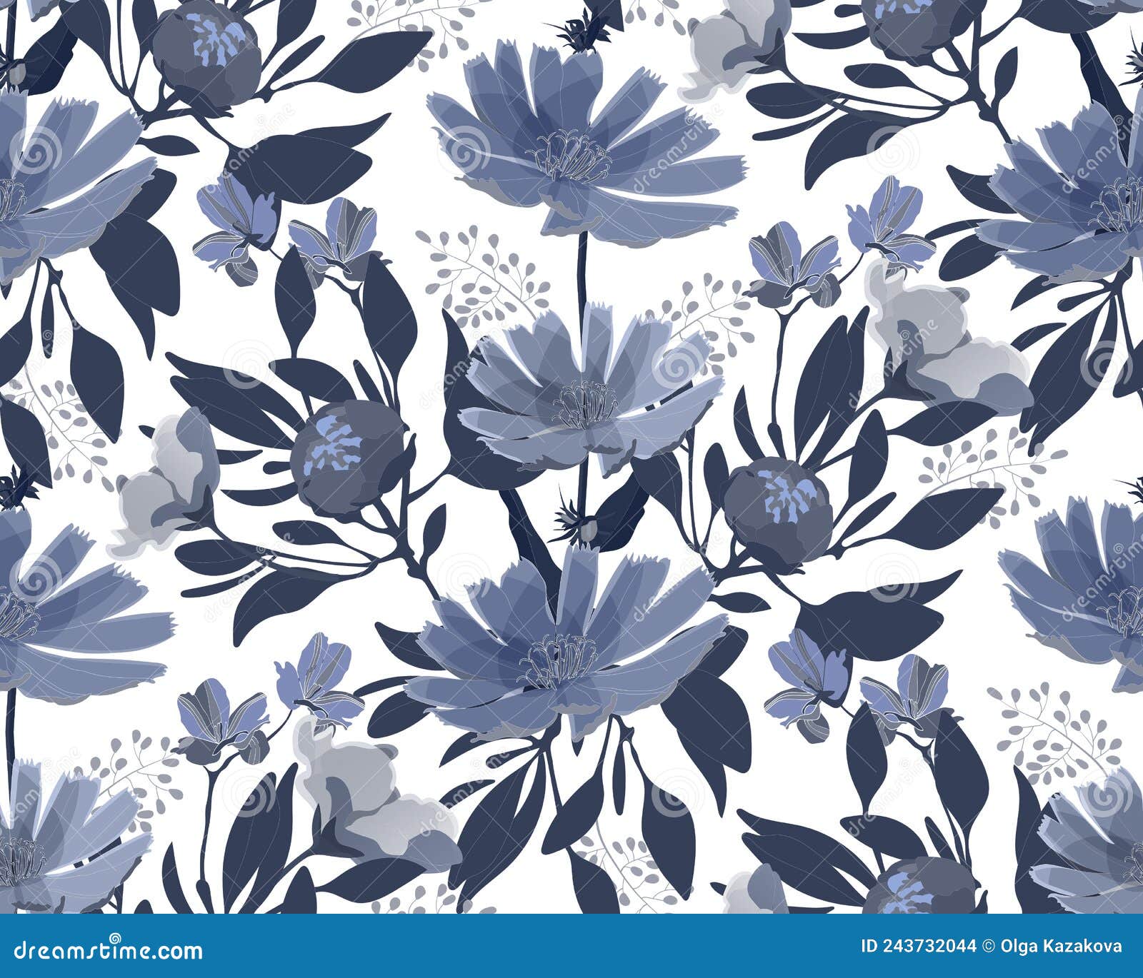 Vector Floral Seamless Pattern. Navy Blue Flowers Isolated on a White ...