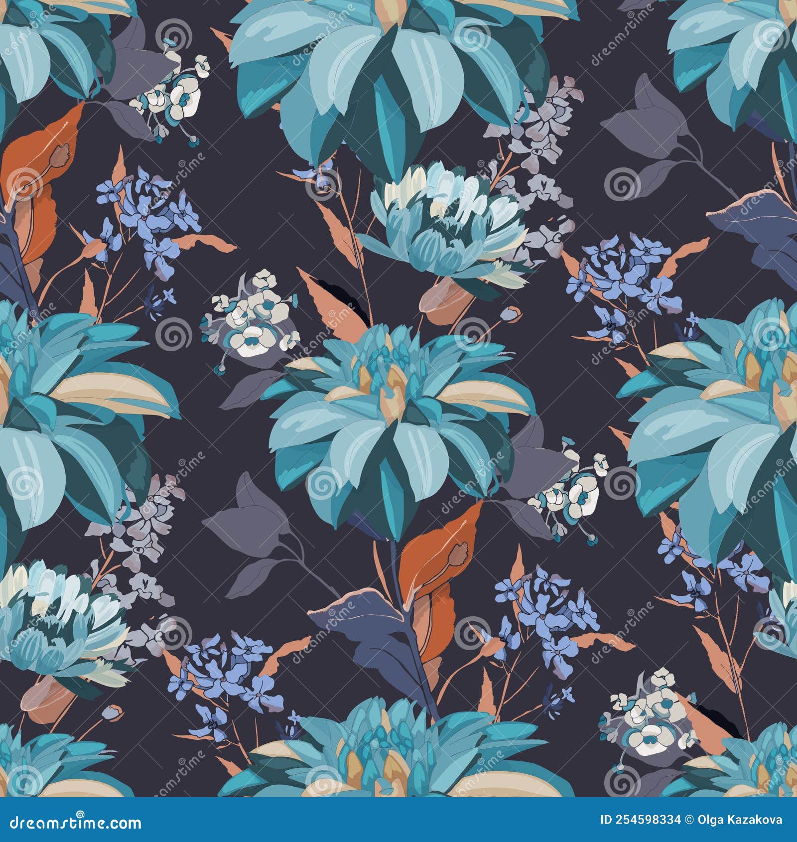 Vector Floral Seamless Pattern with Turquoise Dahlias on a Graphite Background. Stock Vector ...