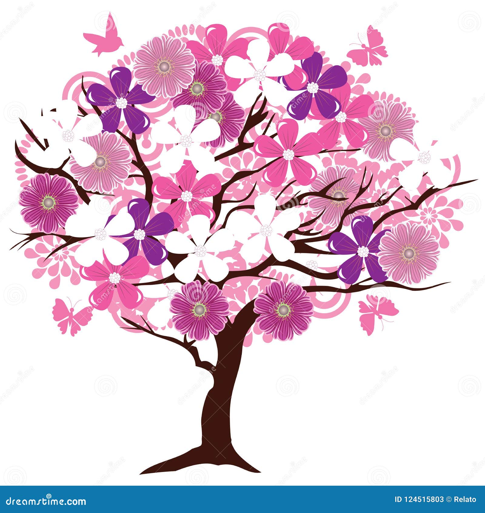 Vector Floral Tree with Birds and Butterflies Stock Vector ...