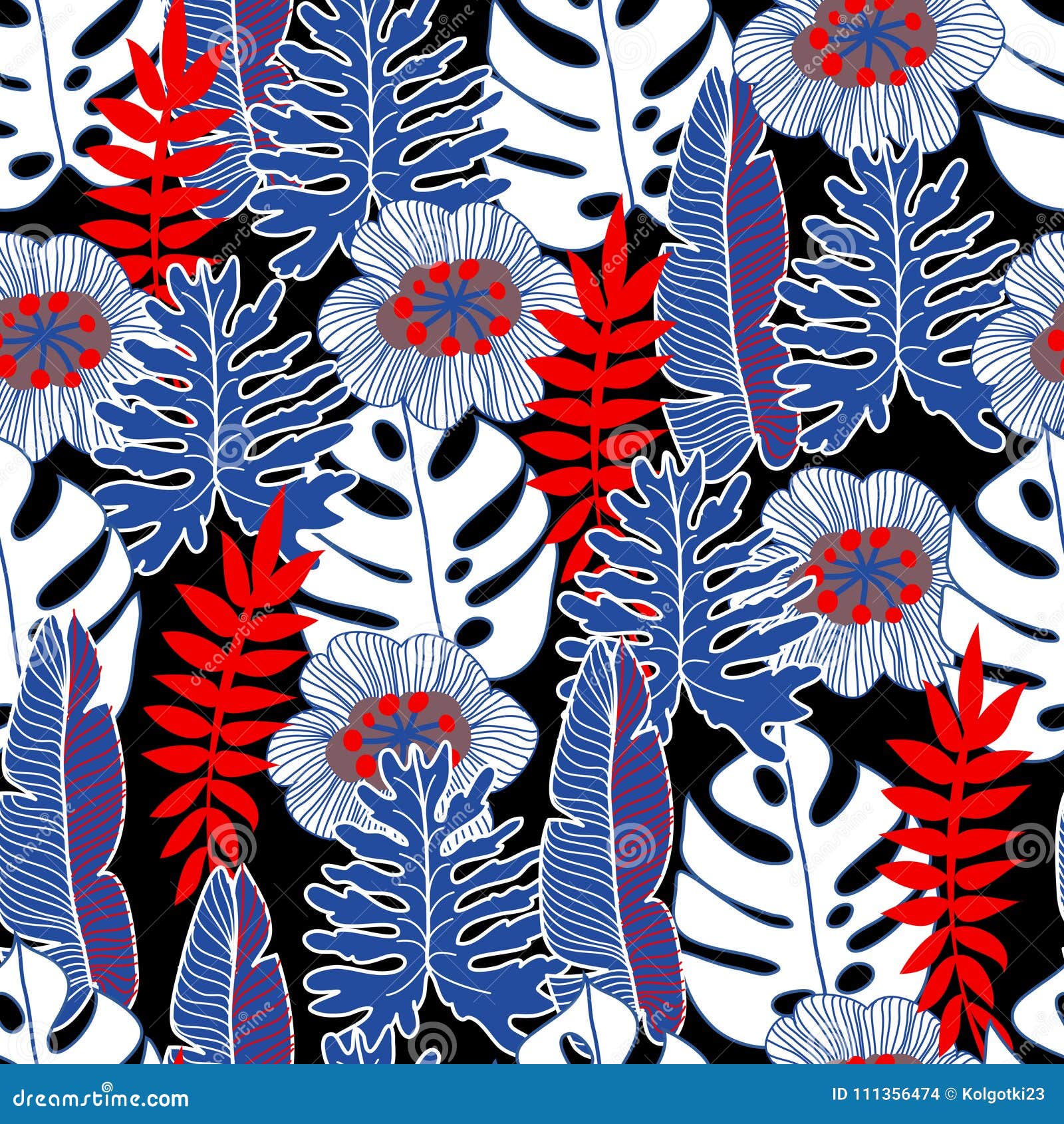Vector Floral and Tropical Seamless Pattern for Textile Design. Big Flowers and Tropic Leaves ...