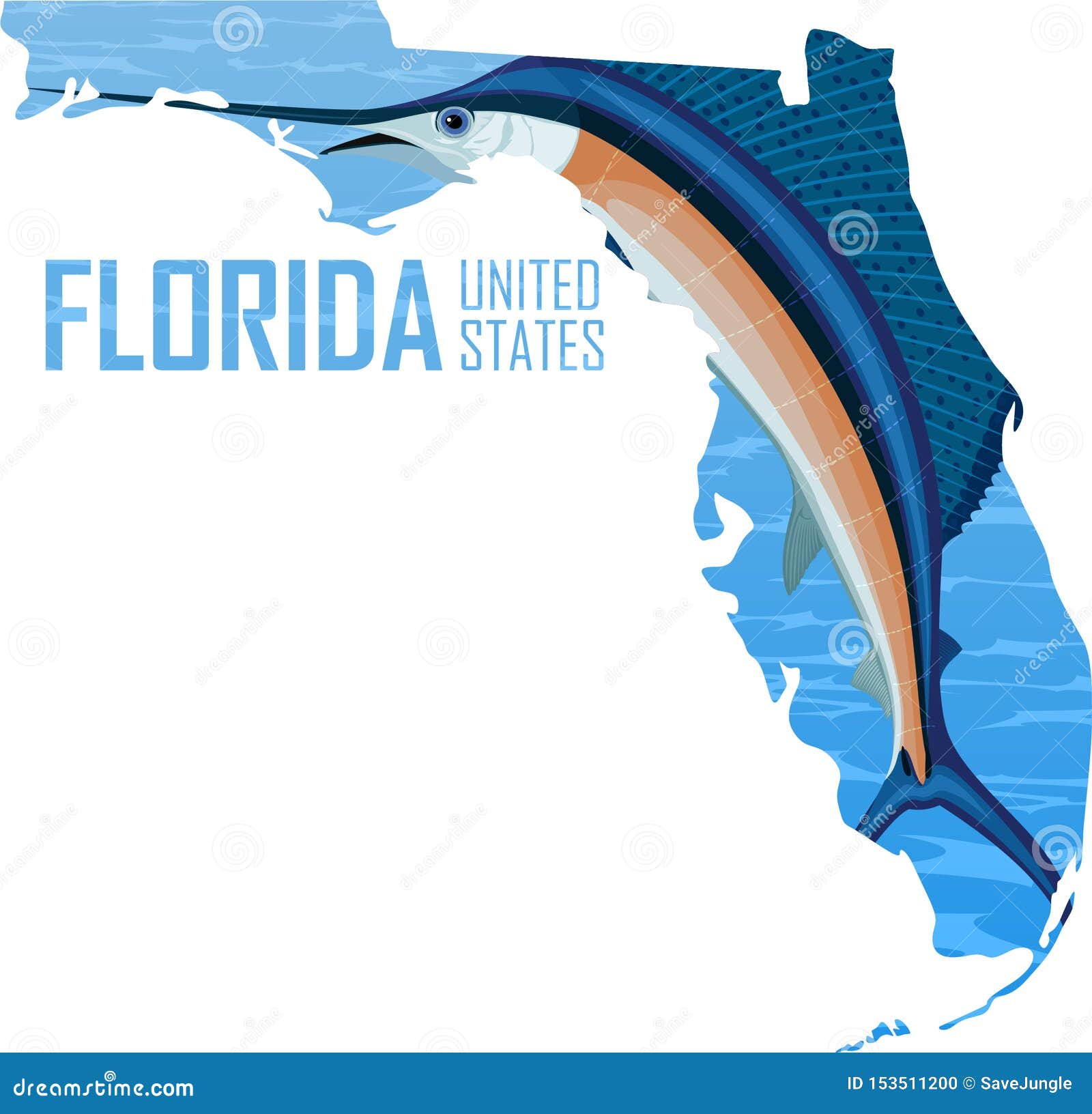 Vector Florida - American State Map with Swordfish Atlantic Sailfish ...