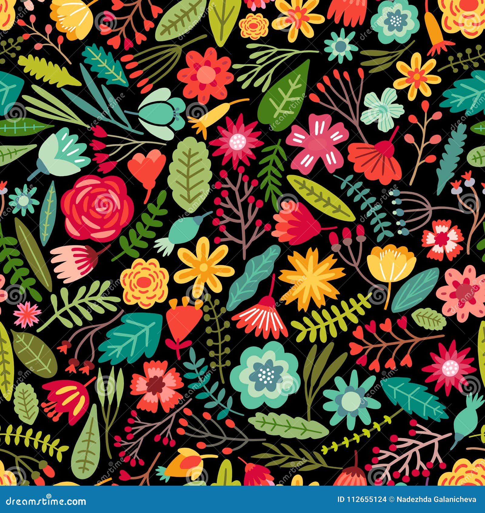 Vector Flower Black Seamless Pattern. Floral Background Stock Vector ...