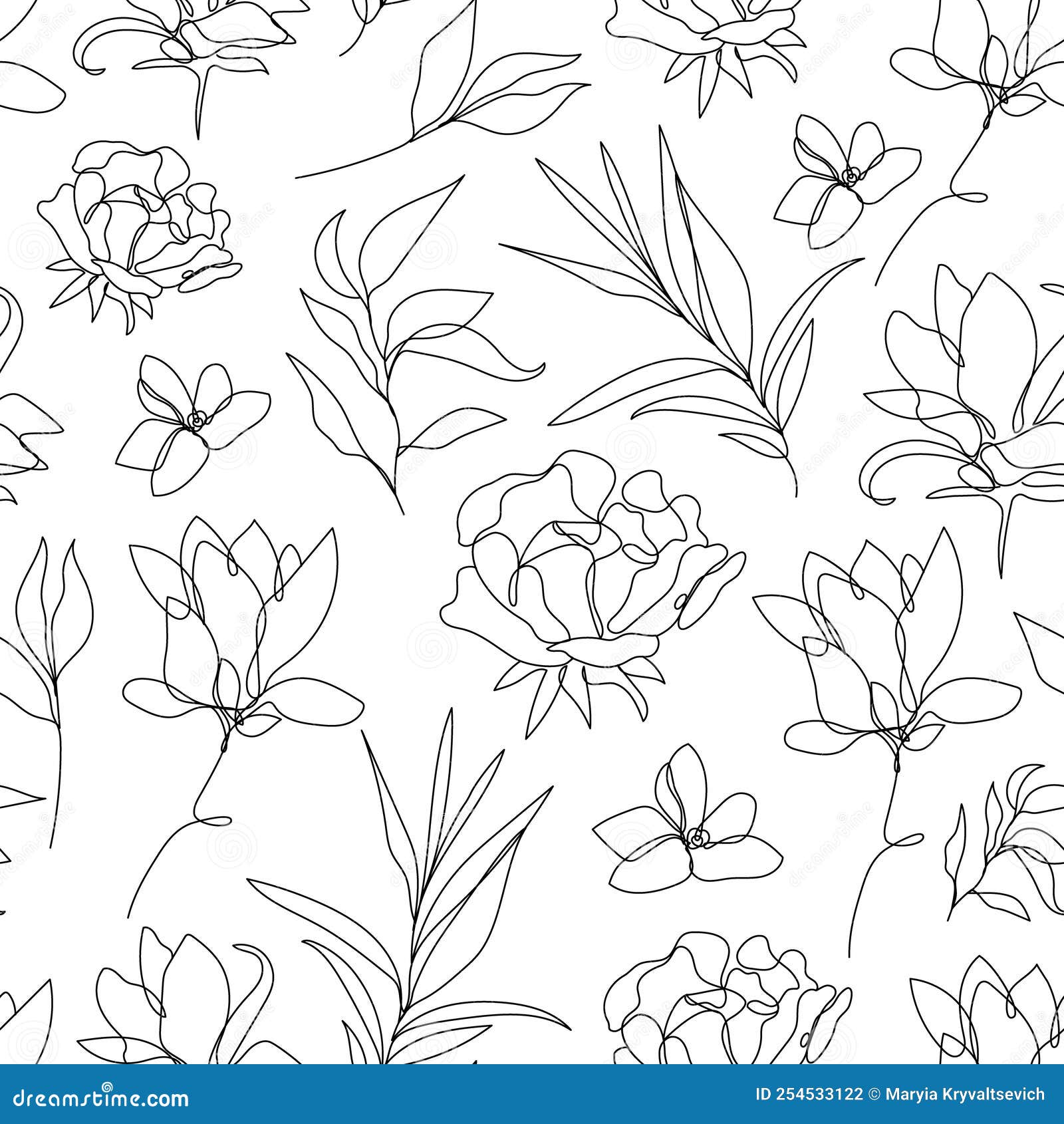 Vector Flower Linear Seamless Background, Flowers and Leaves One ...