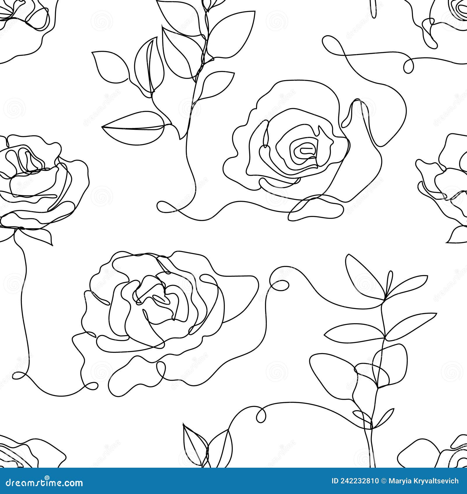 Vector Flower Linear Seamless Background, Roses and Leaves One ...