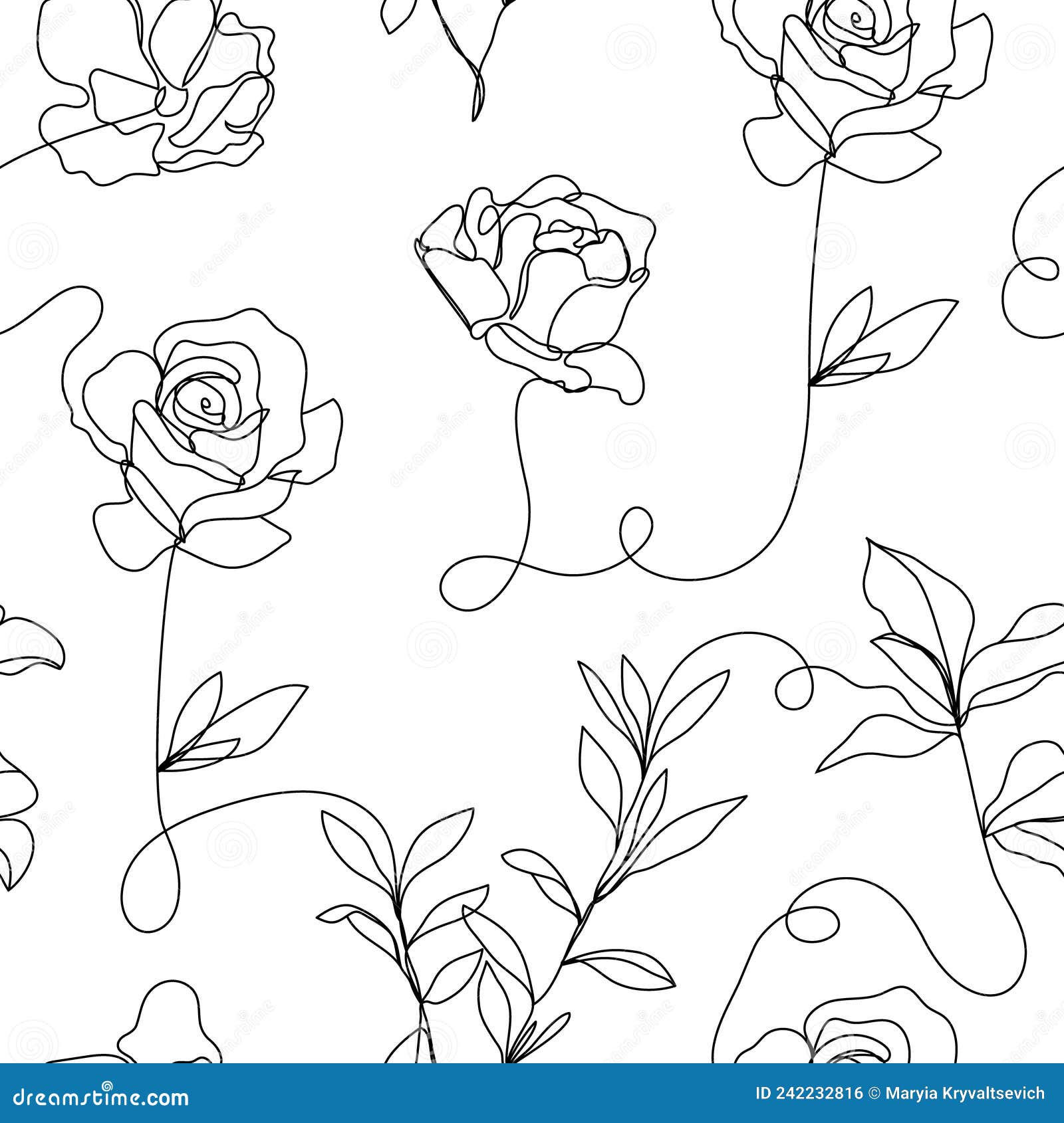 Vector Flower Linear Seamless Background, Roses and Leaves One ...