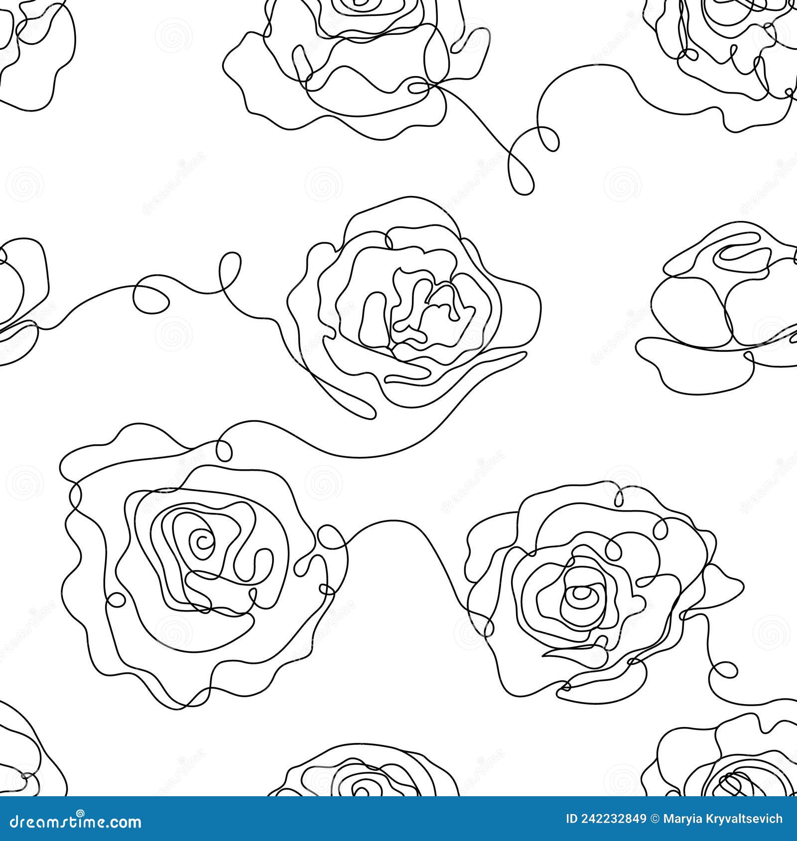 Vector Flower Linear Seamless Background, Roses One, Continuous Line ...