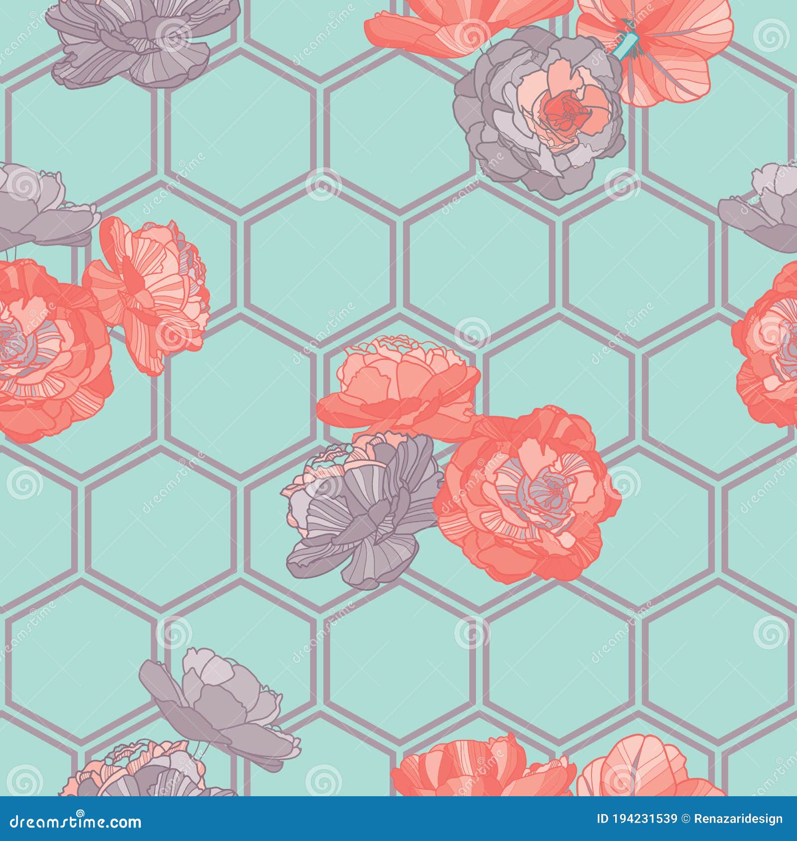Vector Flowers on Hexagonal Background Seamless Pattern Print Stock ...