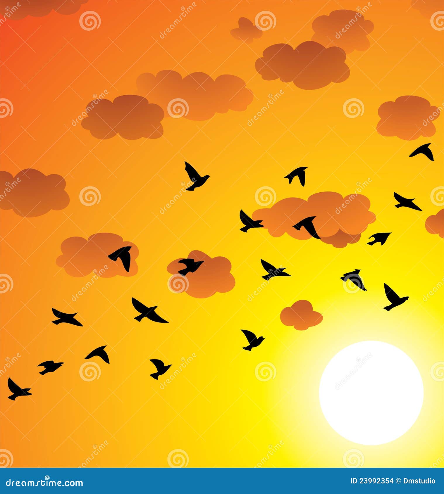 Vector Flying Birds, Clouds and Bright Sun Stock Vector - Illustration ...