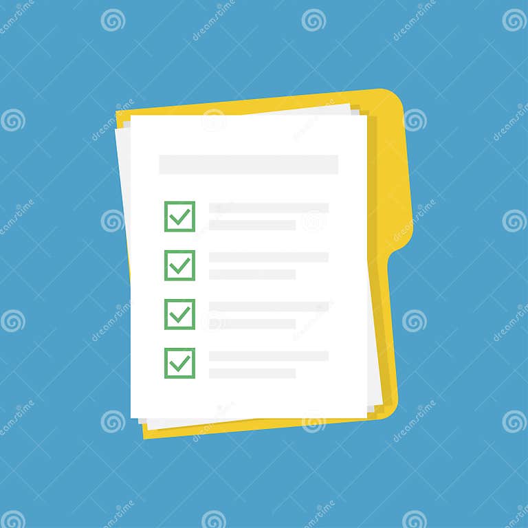 Vector Folder with Checklist and Documents on Blue Background in Trendy ...