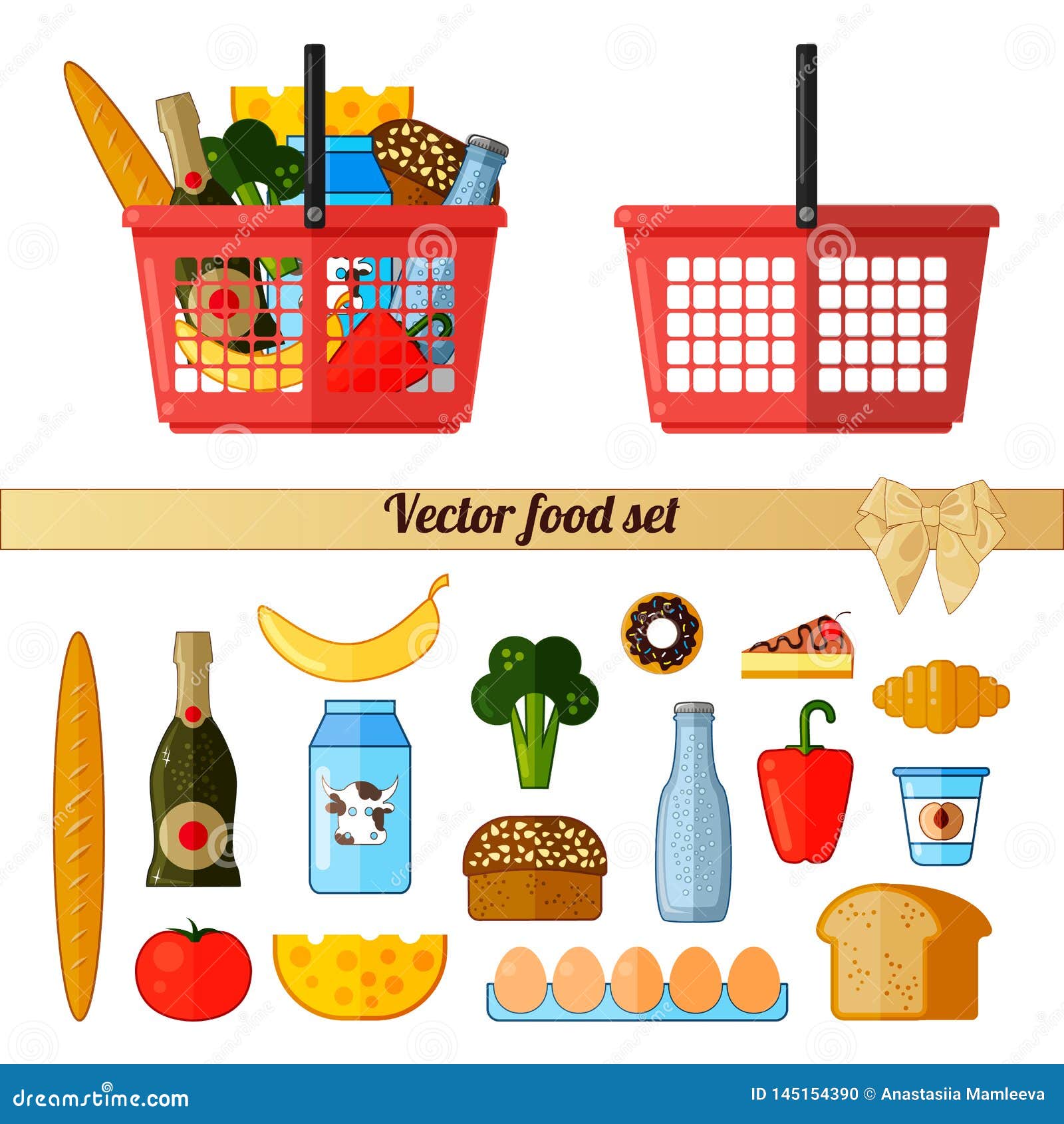 Vector Food Set. Supermarket Red Basket with Food. Isolated Objects on ...