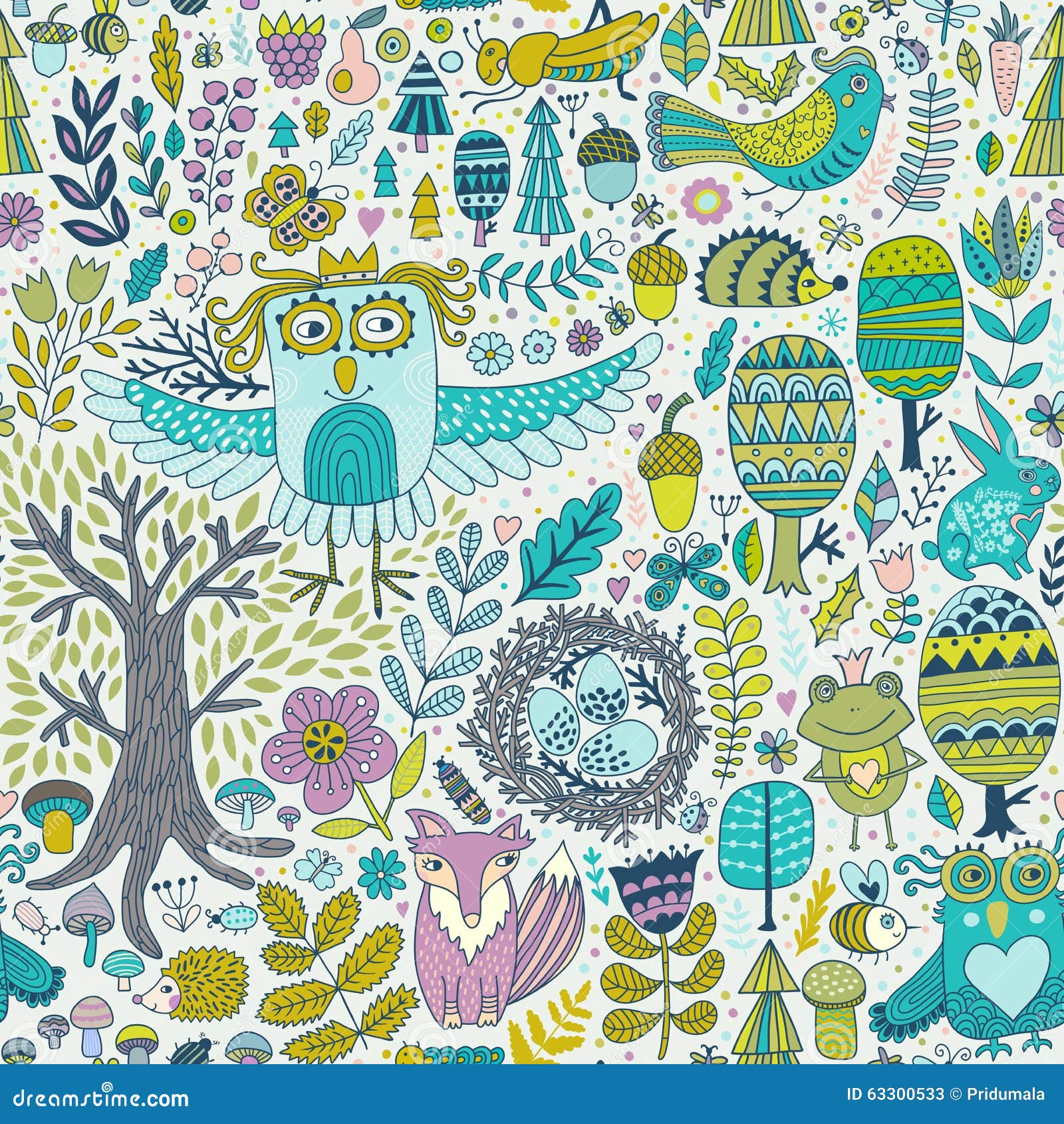 Vector Forest Design, Floral Seamless Pattern with Forest Animals: Frog ...