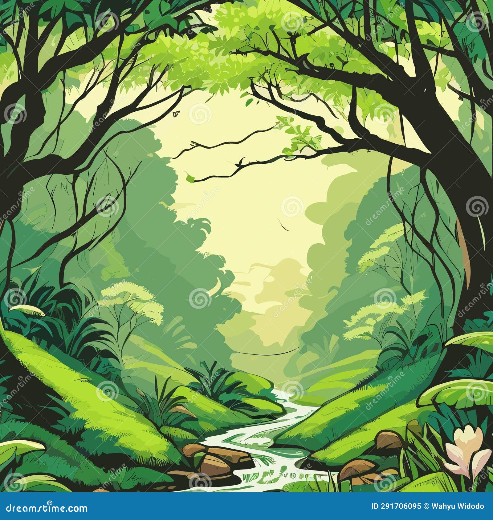 A Vector of Forest Landscape with Flowing River Stream Illustration AI ...