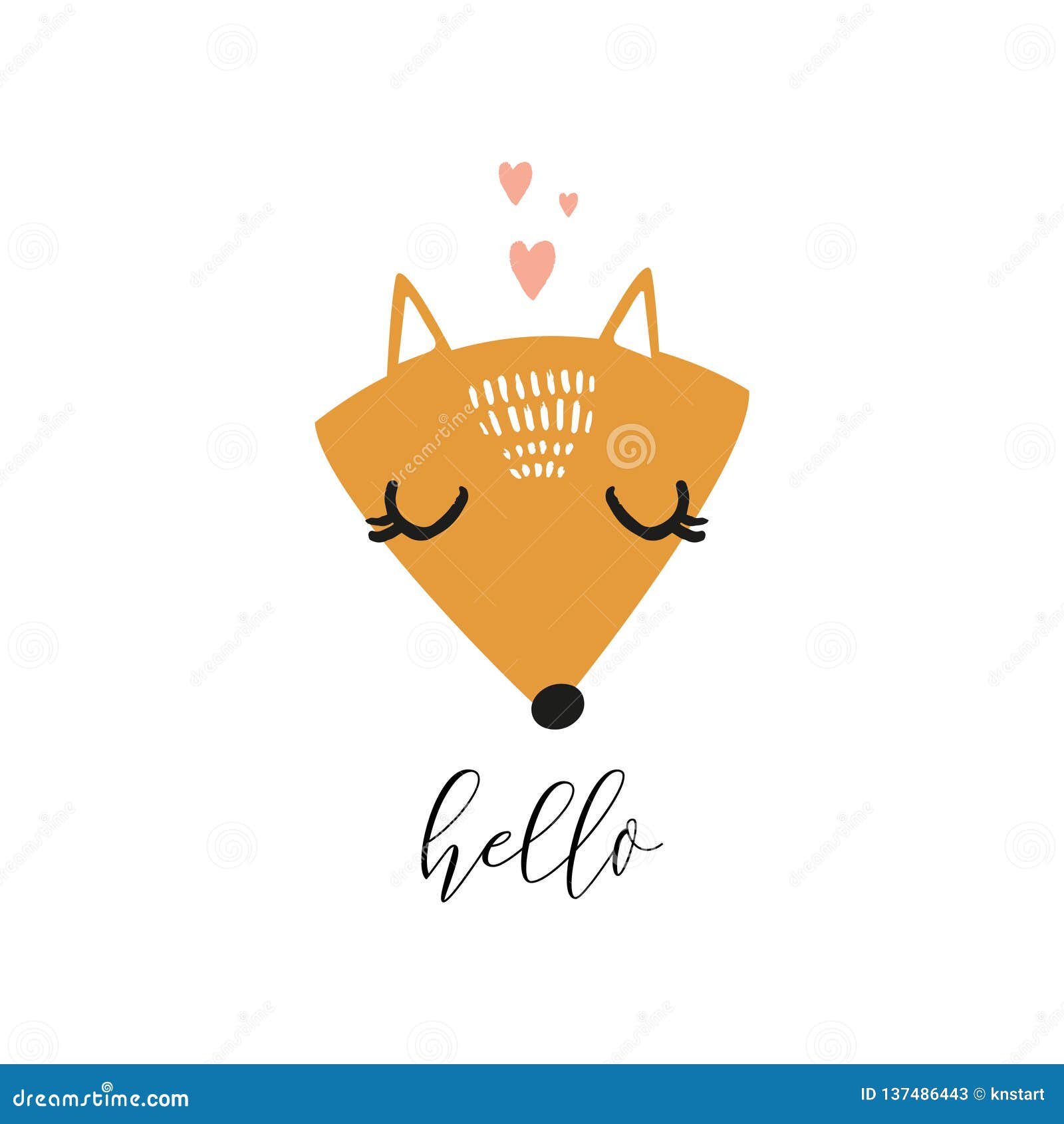 Vector Fox Face with Phrase Hello. Cute Hand Drawn Illustration Stock ...