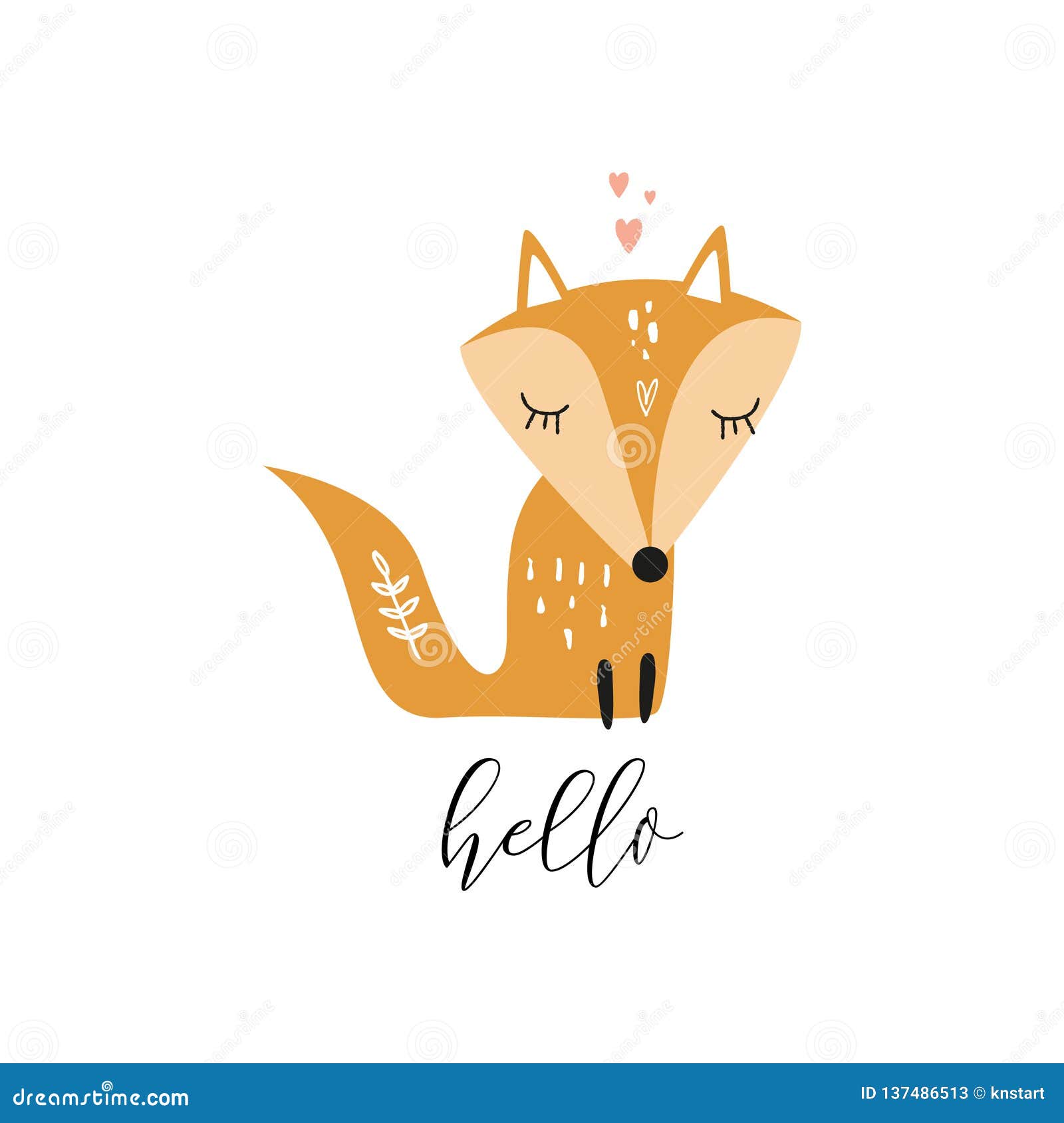 Vector Fox Face with Phrase Hello. Cute Hand Drawn Illustration Stock ...