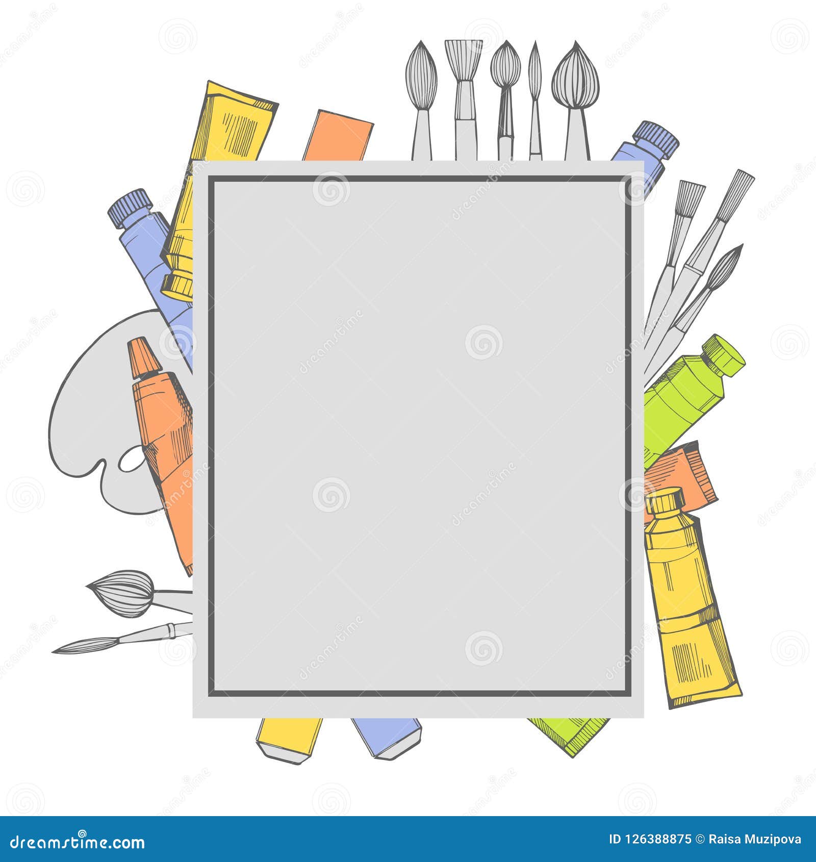 Vector Frame with Artistic Paintbrushes and Paints on White Bac Stock ...