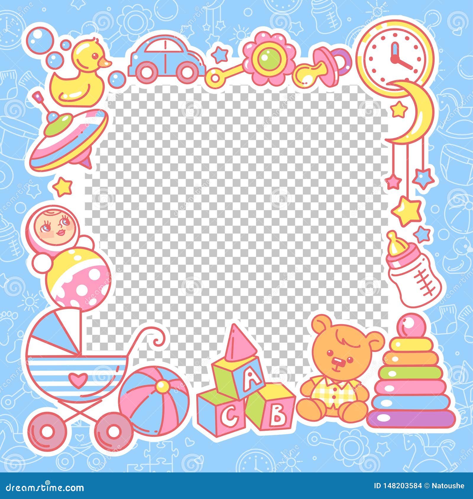 Vector Frame with Baby Objects. Toys, Accessories, Clothes with ...