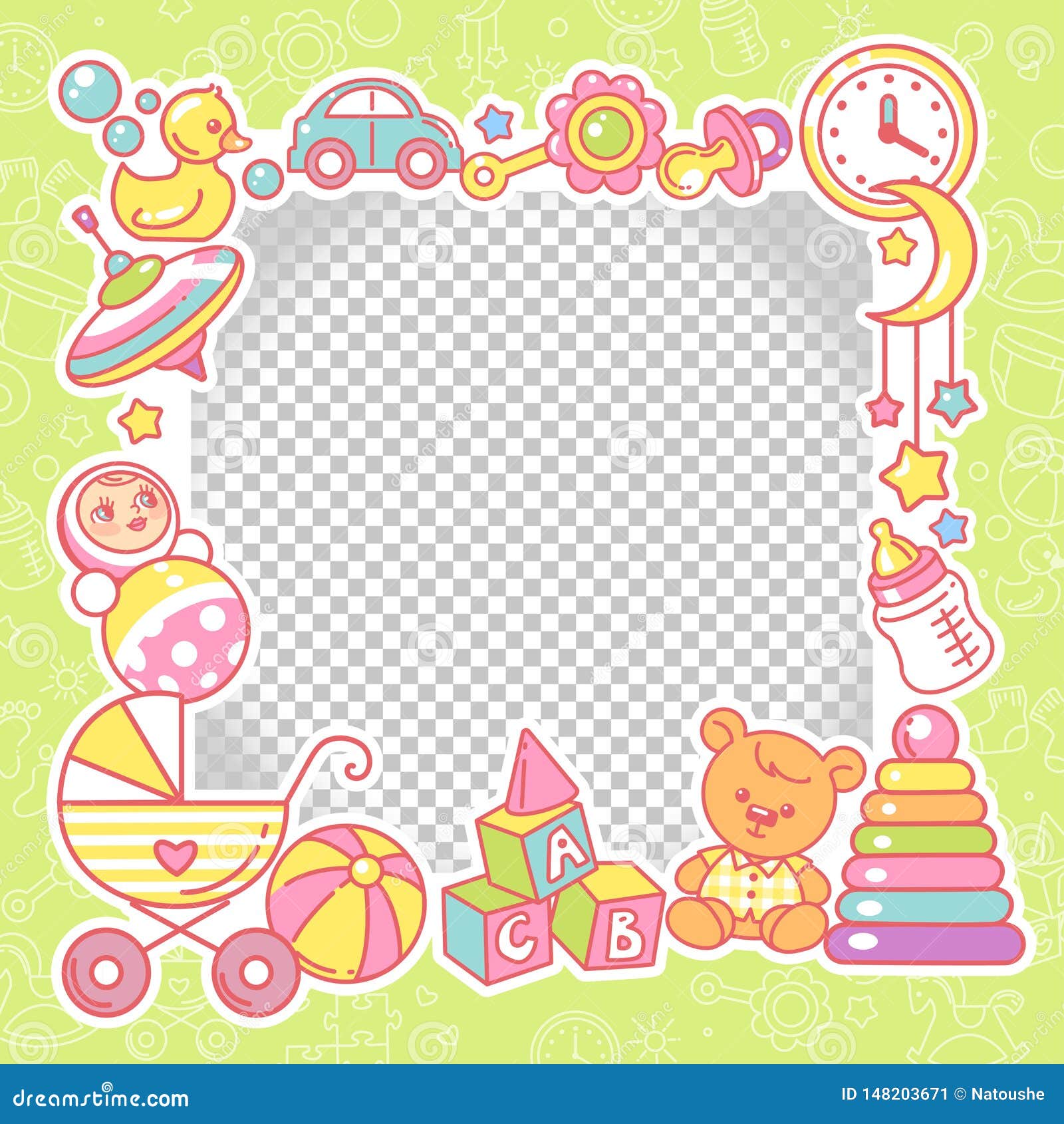 Vector Frame with Baby Objects. Toys, Accessories, Clothes with ...