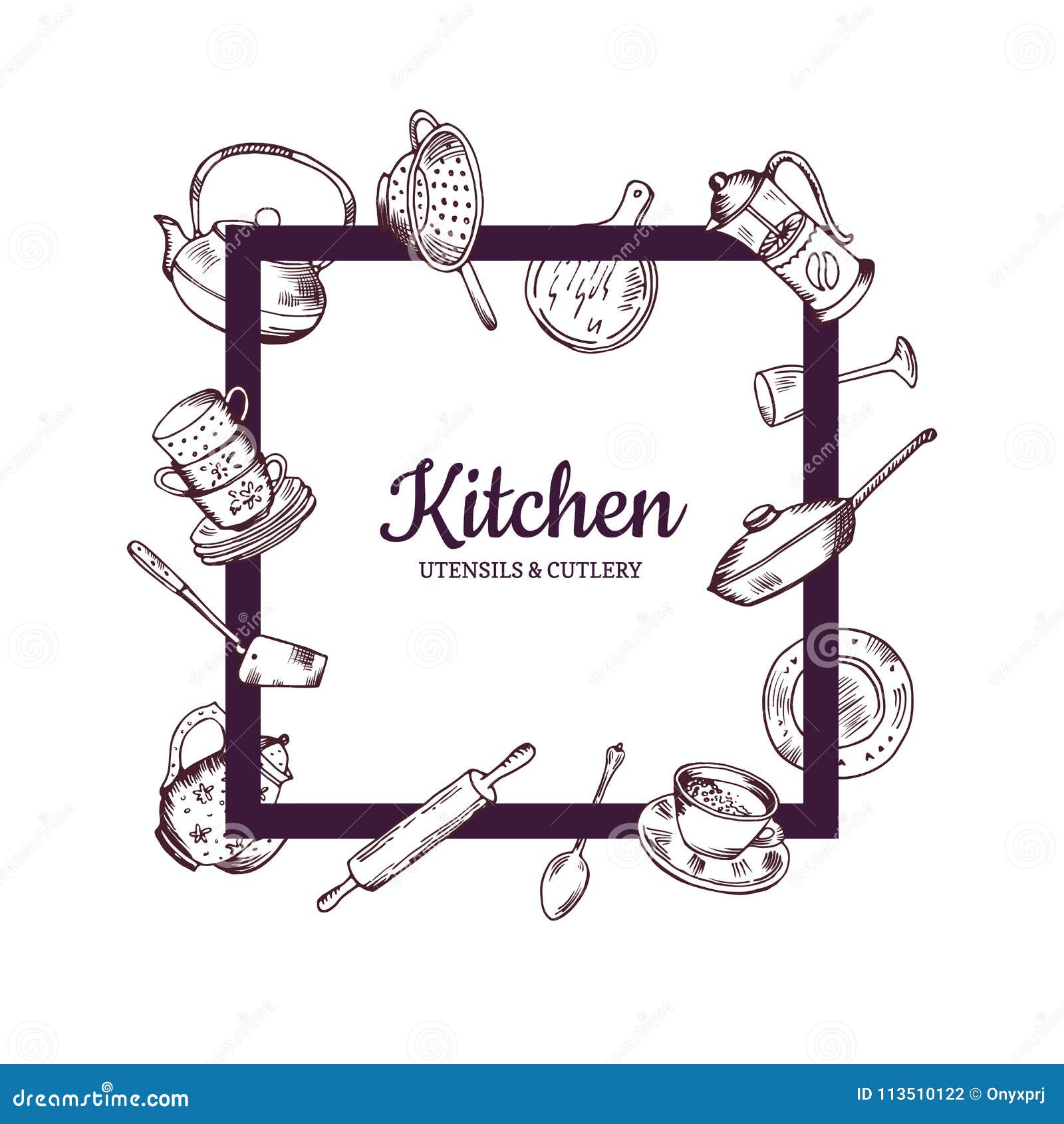 Vector Frame with Hand Drawn Kitchen Utensils Stock Vector ...