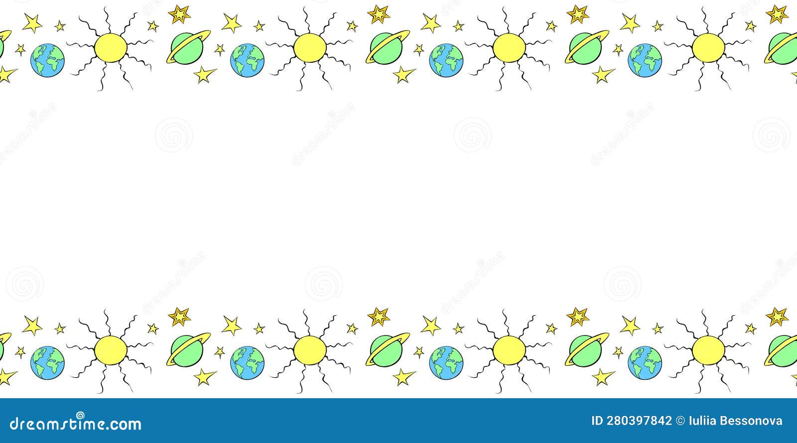 Vector Frame from Planets, Stars, Suns in Doodle Flat Style. Horizontal ...