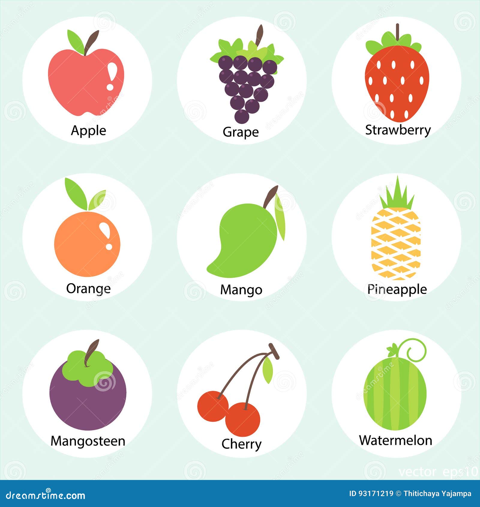 Vector Fruits Icon Set on Blue Background. Stock Vector - Illustration ...