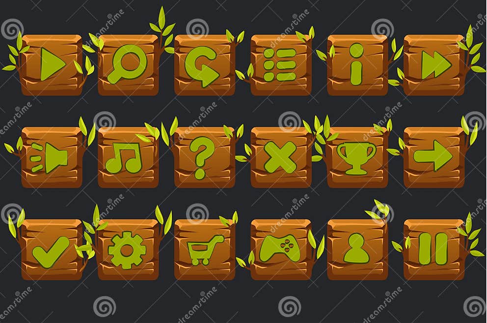 Vector Game Ui Kit. Set of Wooden Square Buttons for Graphical User ...