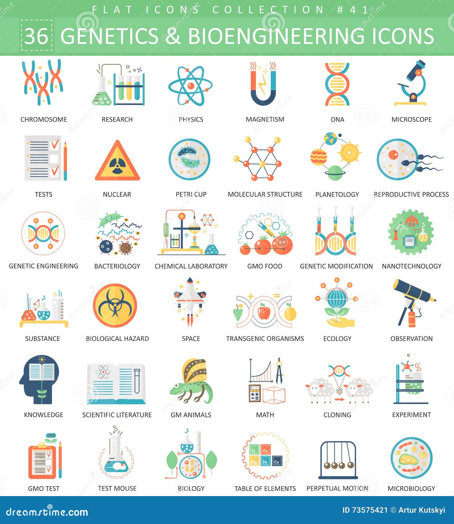 Vector Genetics and Bioengineering Flat Icon Set. Elegant Style Design ...