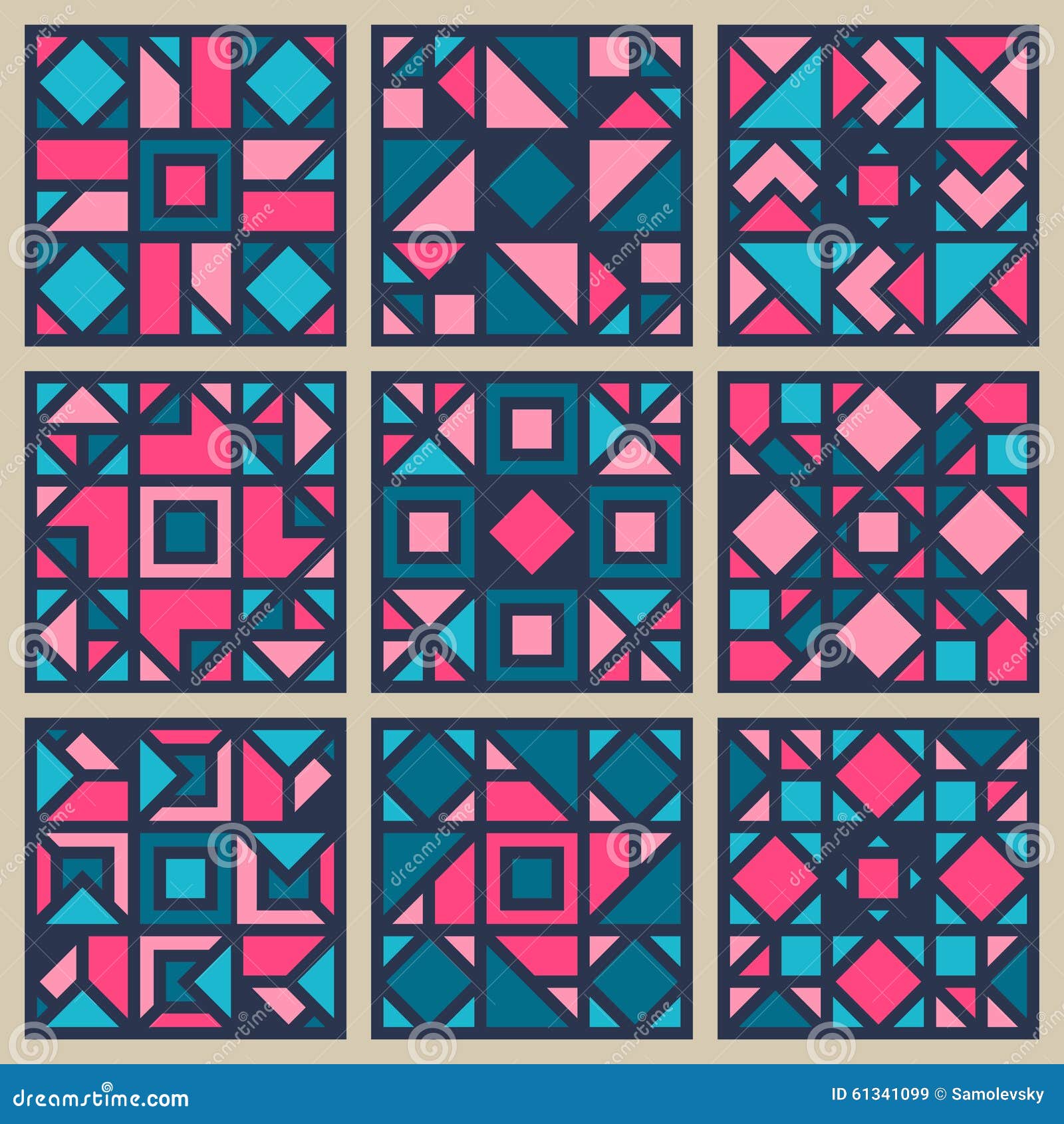 Vector Geometric Square Pattern Design Element Set In Pink And Blue