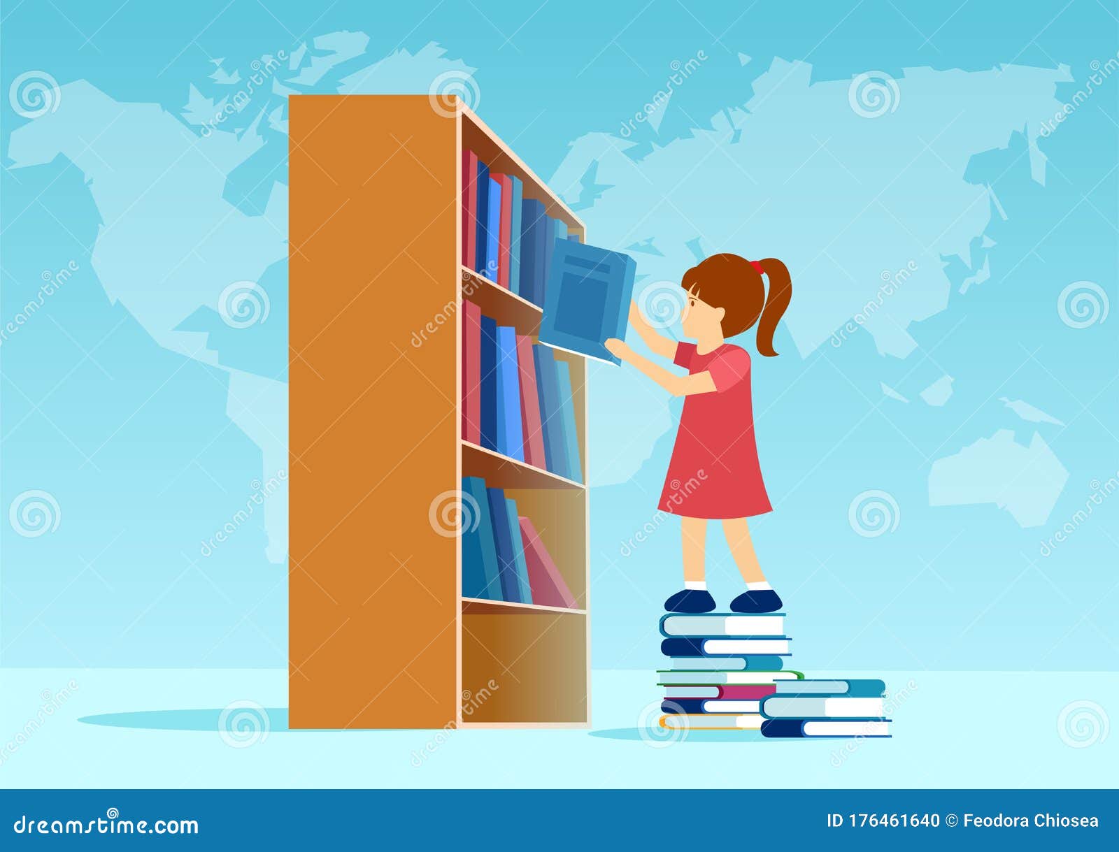 Vector of Girl Picking Up a Book on a Bookshelf Stock Illustration ...