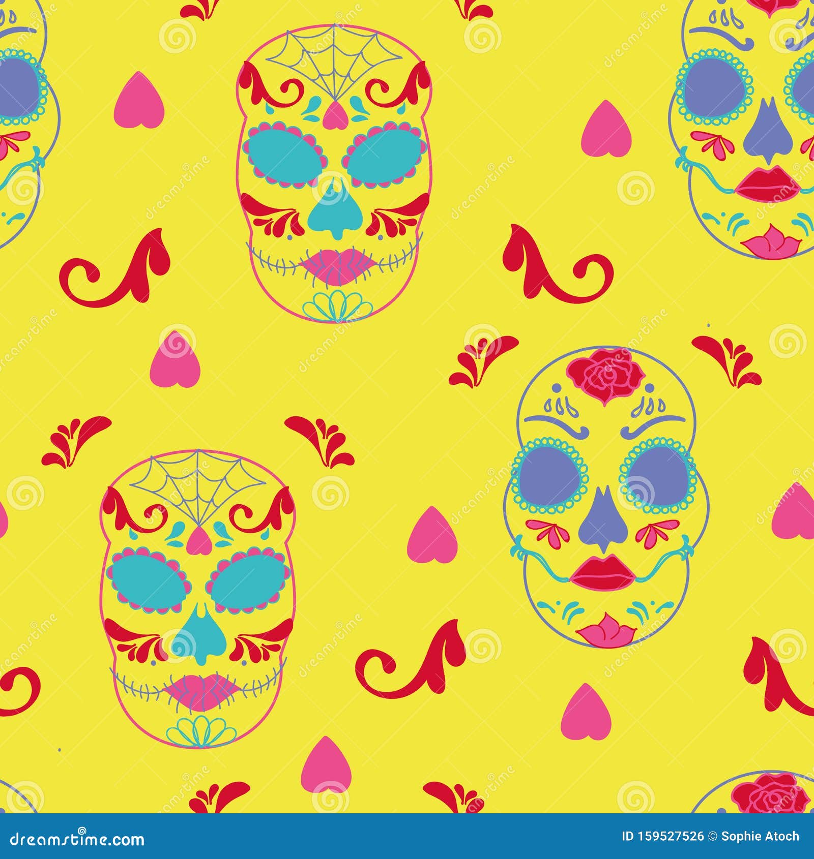 Vector Glamourous Halloween with Pink, Red and Turquoise Skull Seamless ...