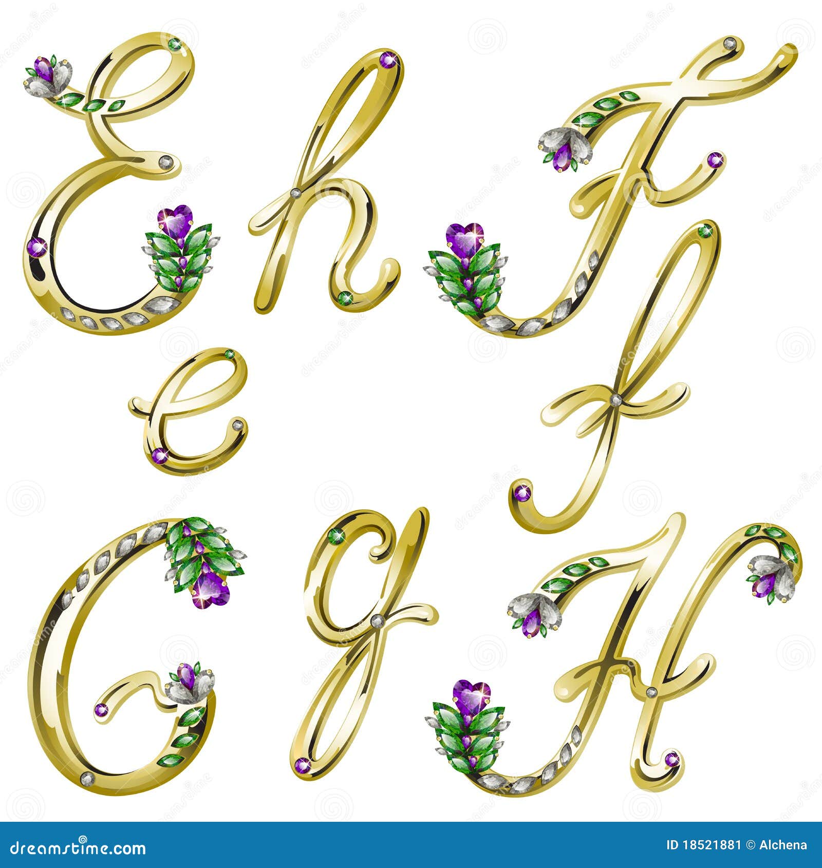 Vector Gold Alphabet with Gems Letters E, F, G, H Stock Vector ...