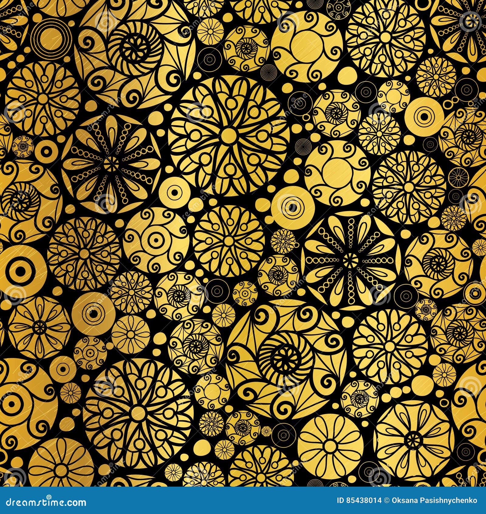 Vector Gold on Black Abstract Doodle Circles Seamless Pattern ...