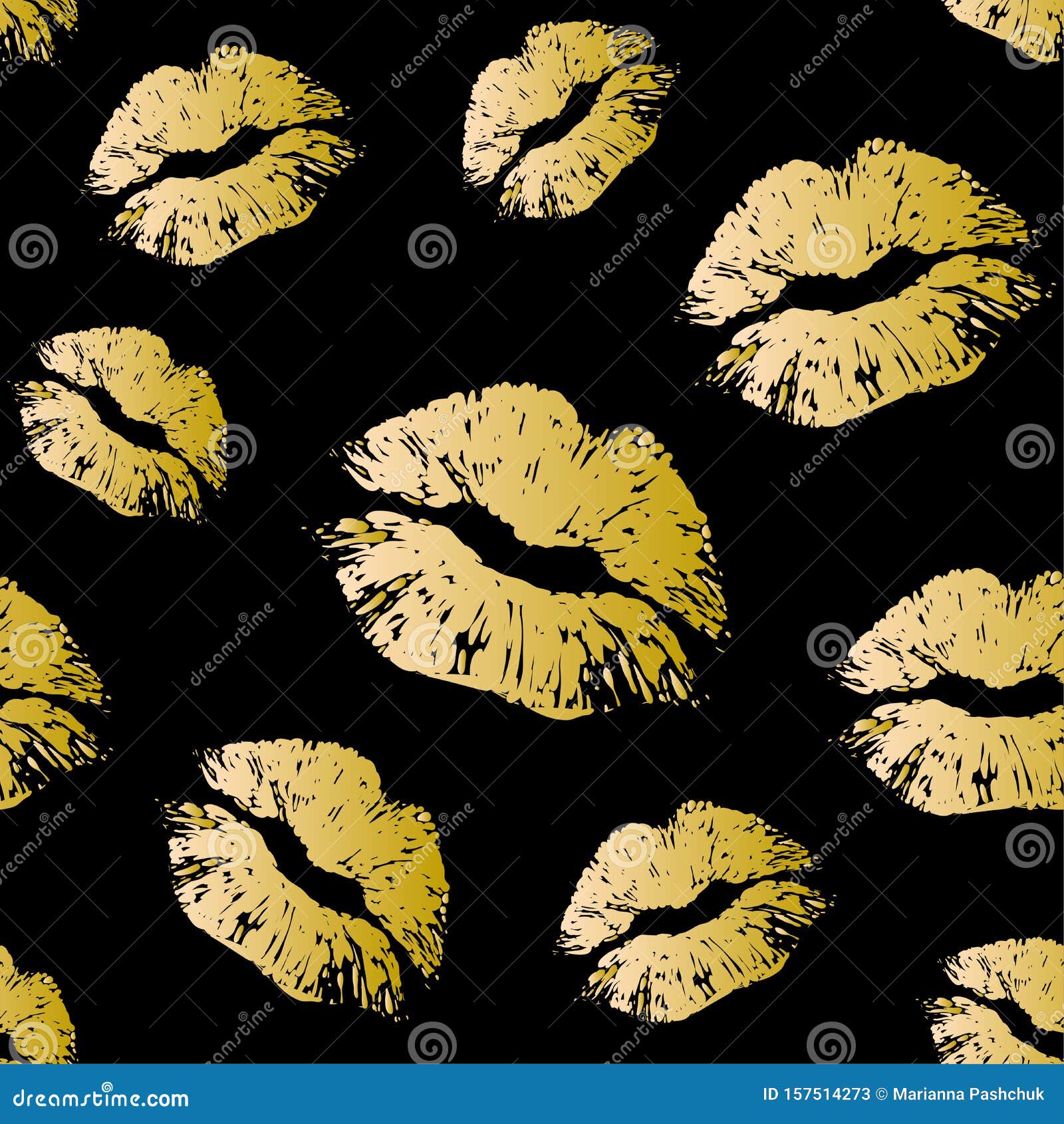 Vector Gold Seamless Pattern On Black Background. Lips Prints ...