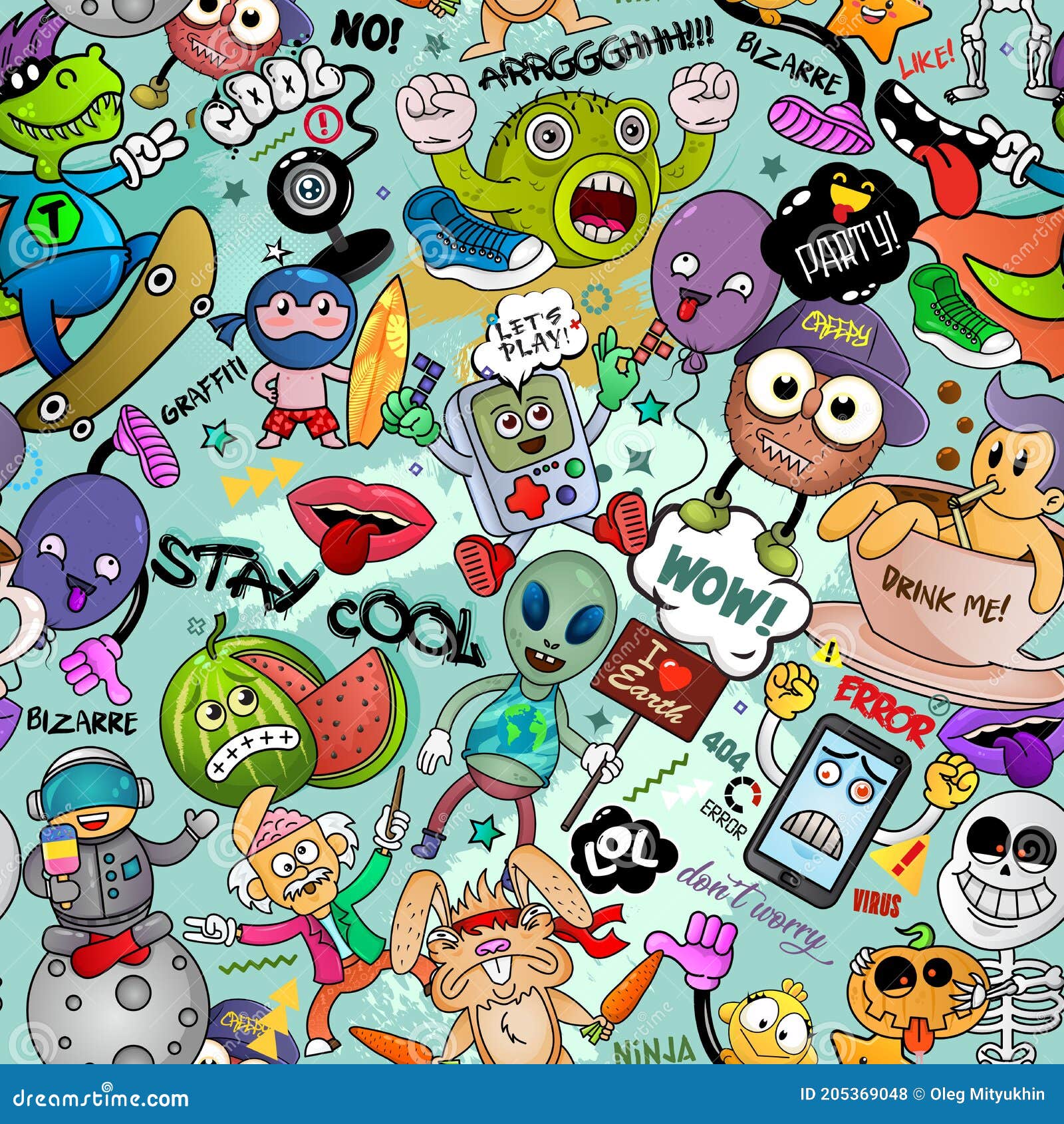 Vector Graffiti Seamless Texture With Bizarre Elements And Characters ...