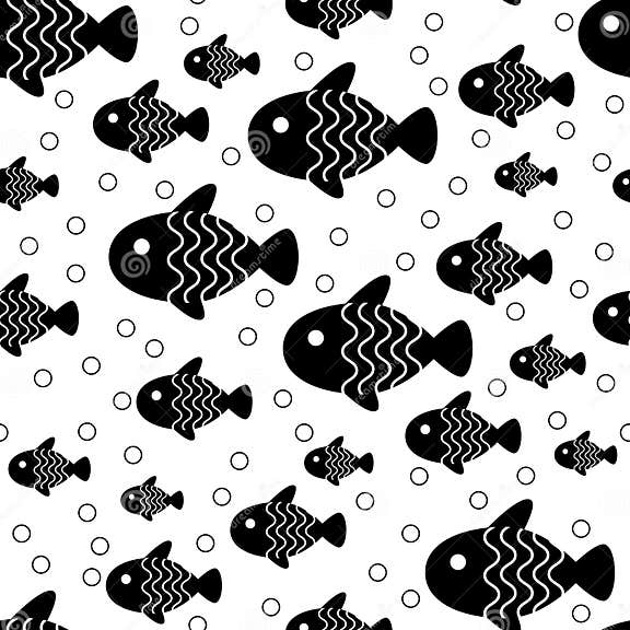 Vector Graphic Black and White Seamless Fish with Bubble Pattern. Stock ...