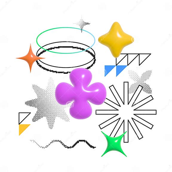 Vector Graphic Composition with Bold 3d Objects,pixel Shapes,linear ...