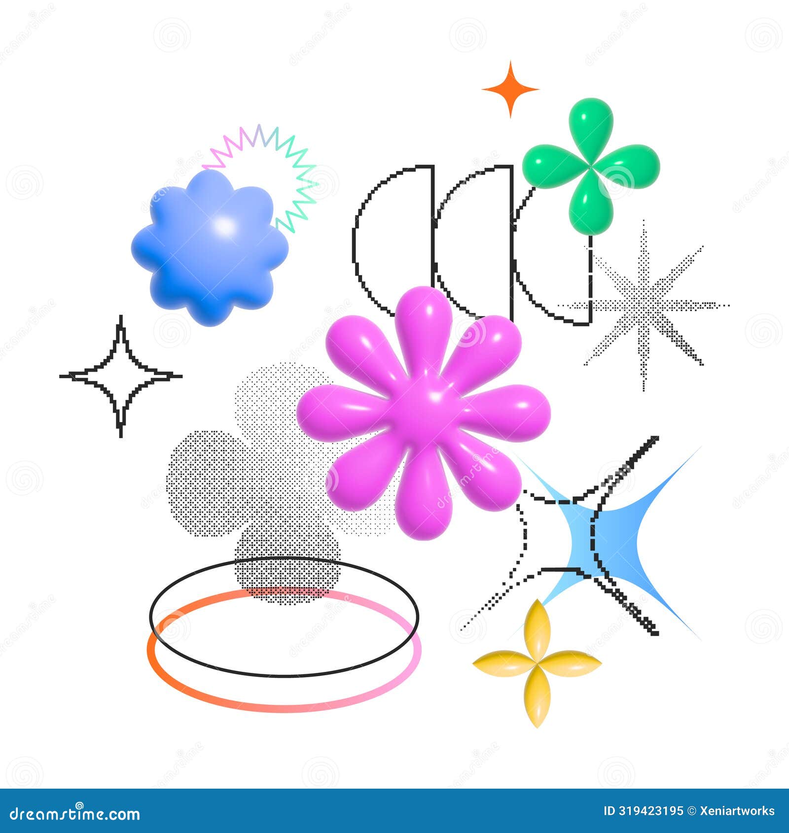 Vector Graphic Composition with Bold 3d Objects,pixel Shapes,linear ...