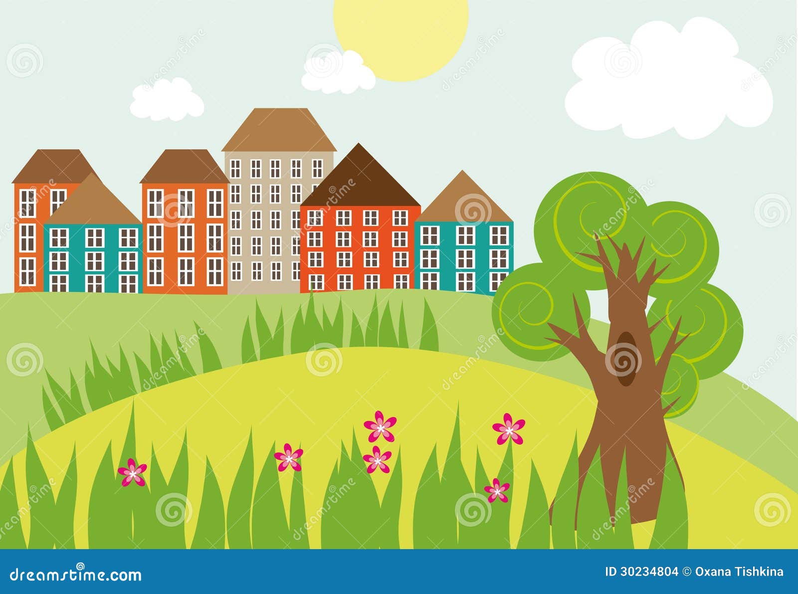 Little city on the hill stock vector. Illustration of artwork - 30234804