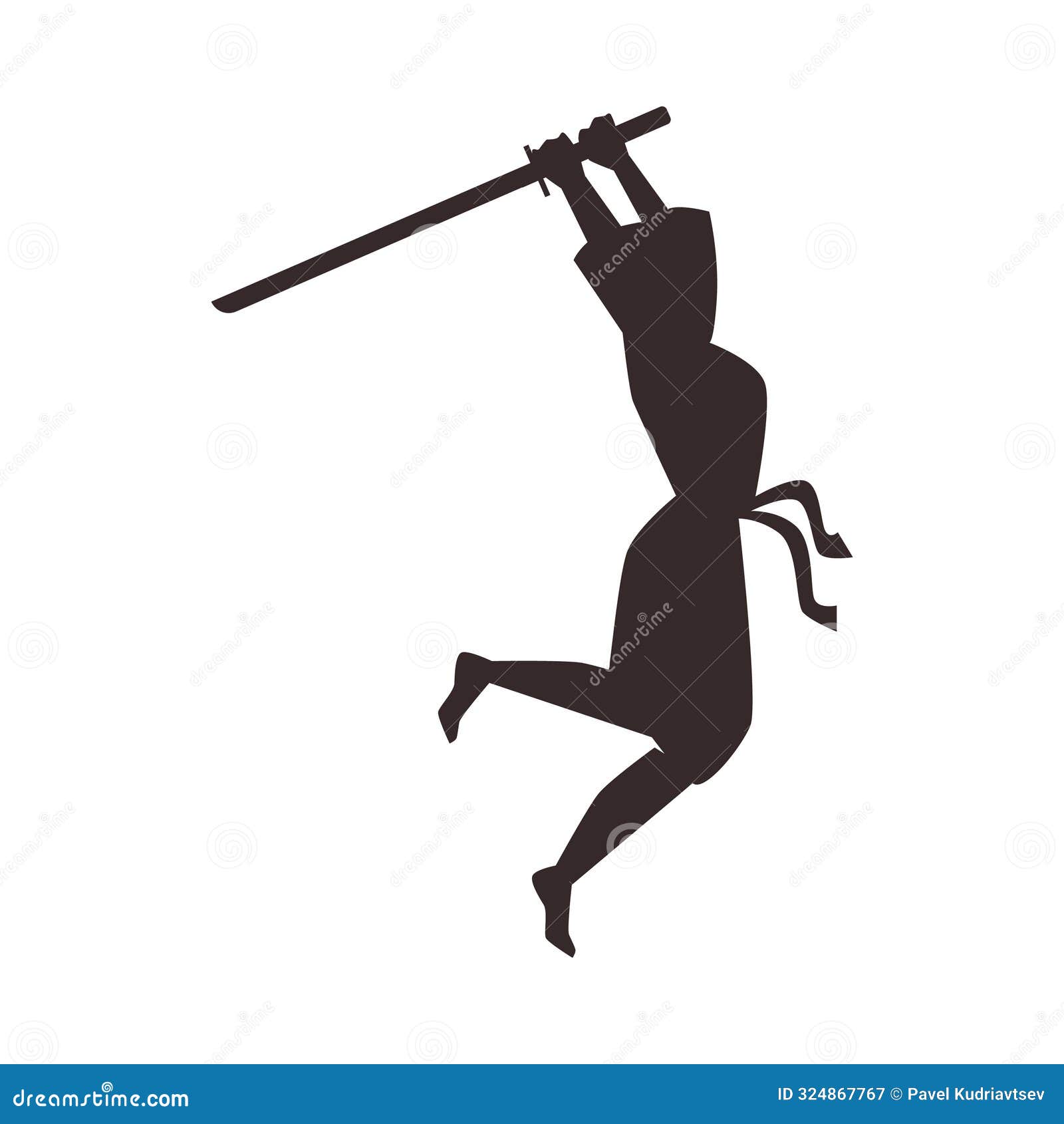 Vector Graphics a Black Silhouette of a Ninja Swinging a Bamboo Stick ...