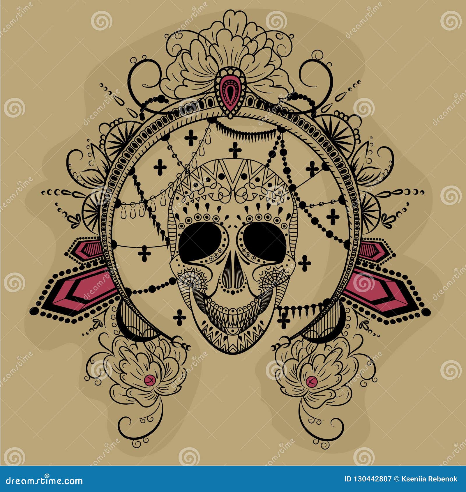 A Skull with Decorated Round Frame and Red Diamonds Stock Vector ...