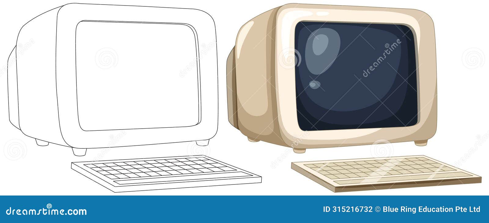Old-fashioned Computer , Outline and Color Stock Vector - Illustration ...